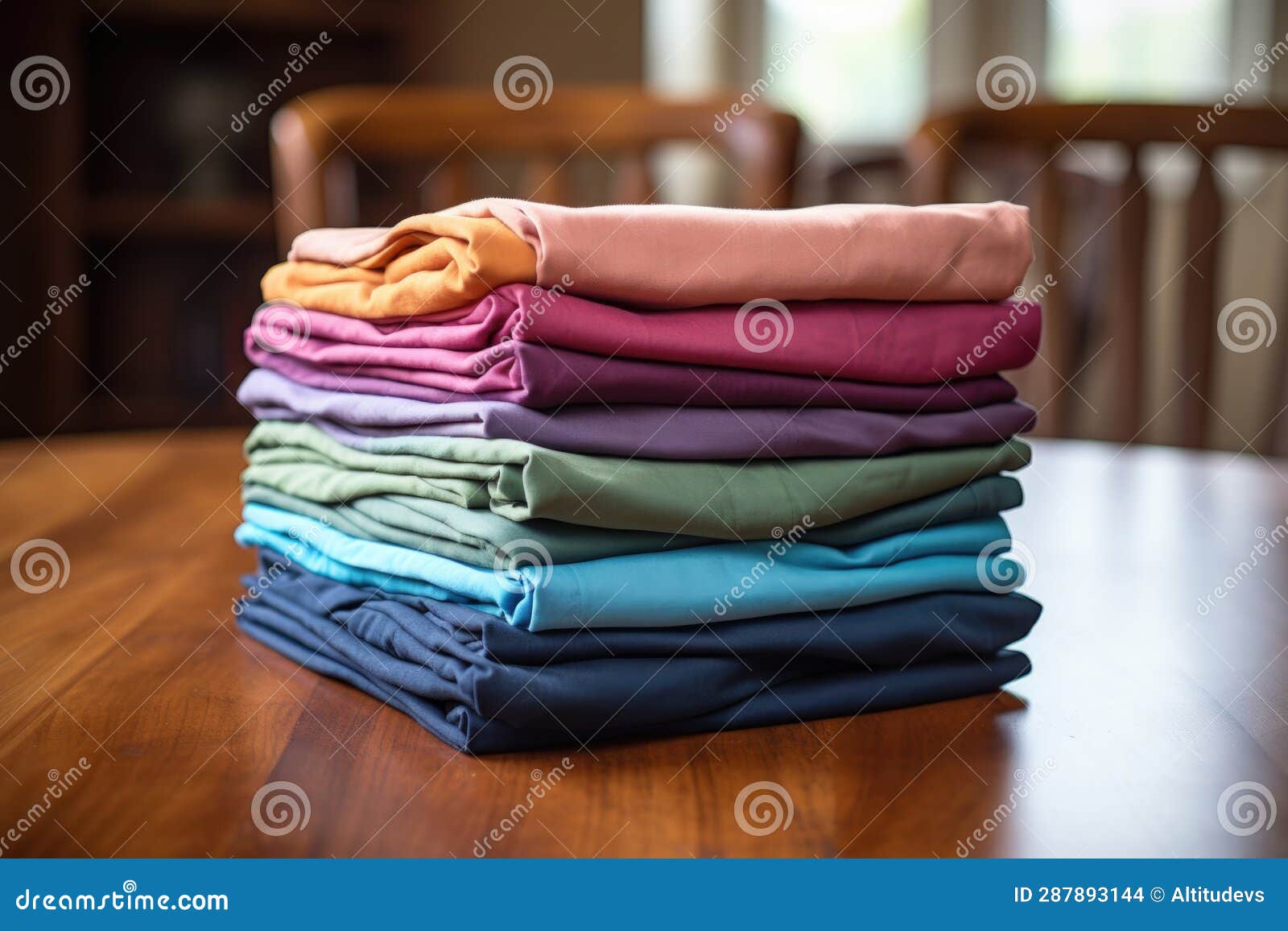 Neatly Folded Colorful Shirts Stacked On A Table Royalty-Free Stock ...