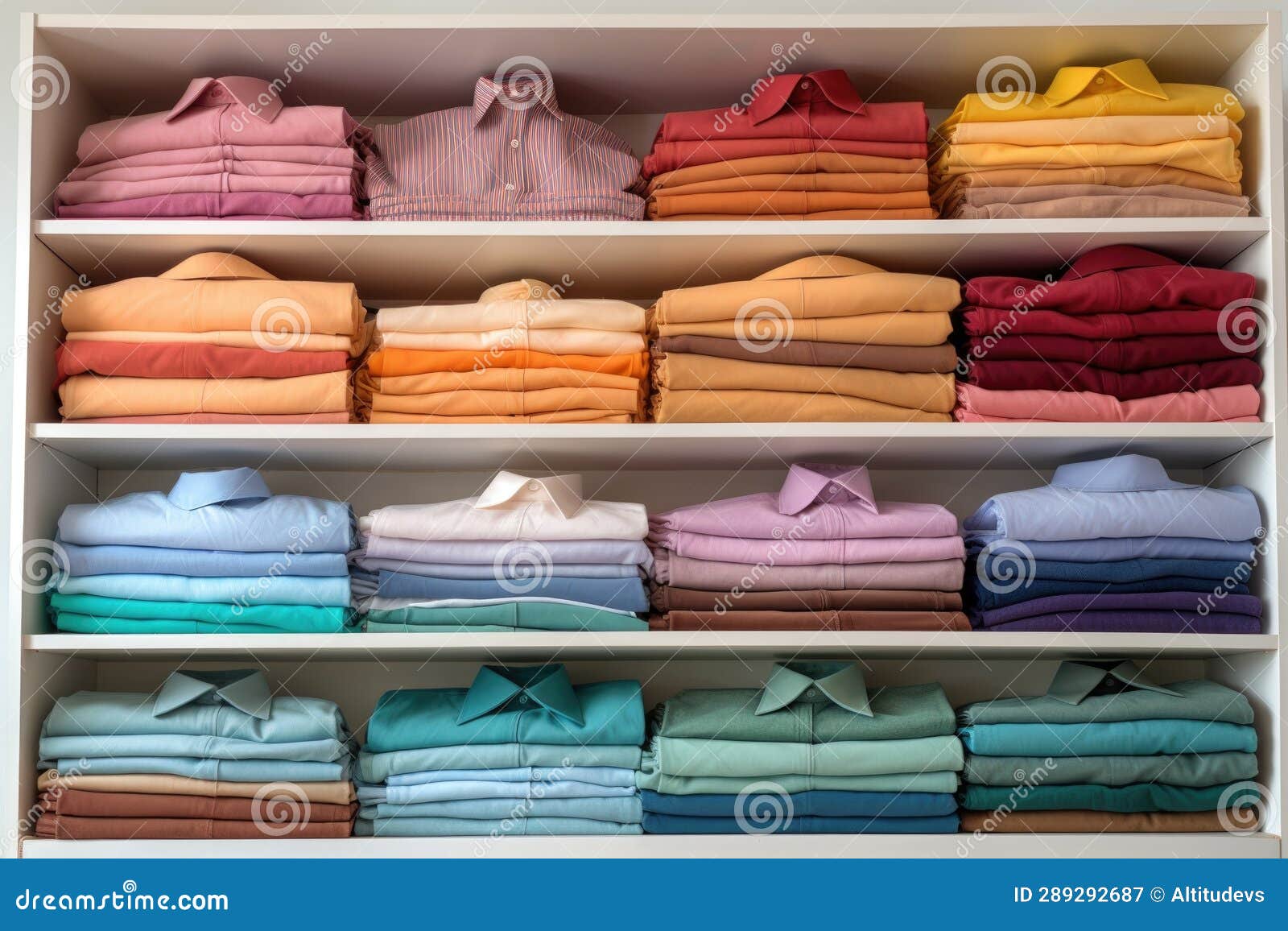 Neatly Folded Colorful Shirts on White Shelves Stock Image - Image of ...