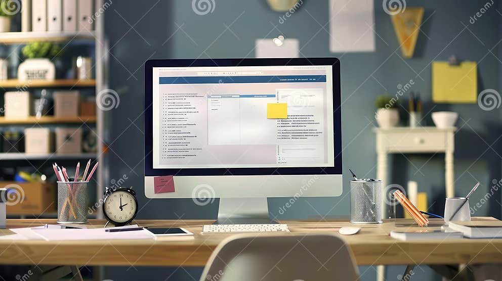 Neatly Organized Office Desk with Computer Screen Displaying ... Neatly Organized Office Desk with Computer Screen Displaying ...