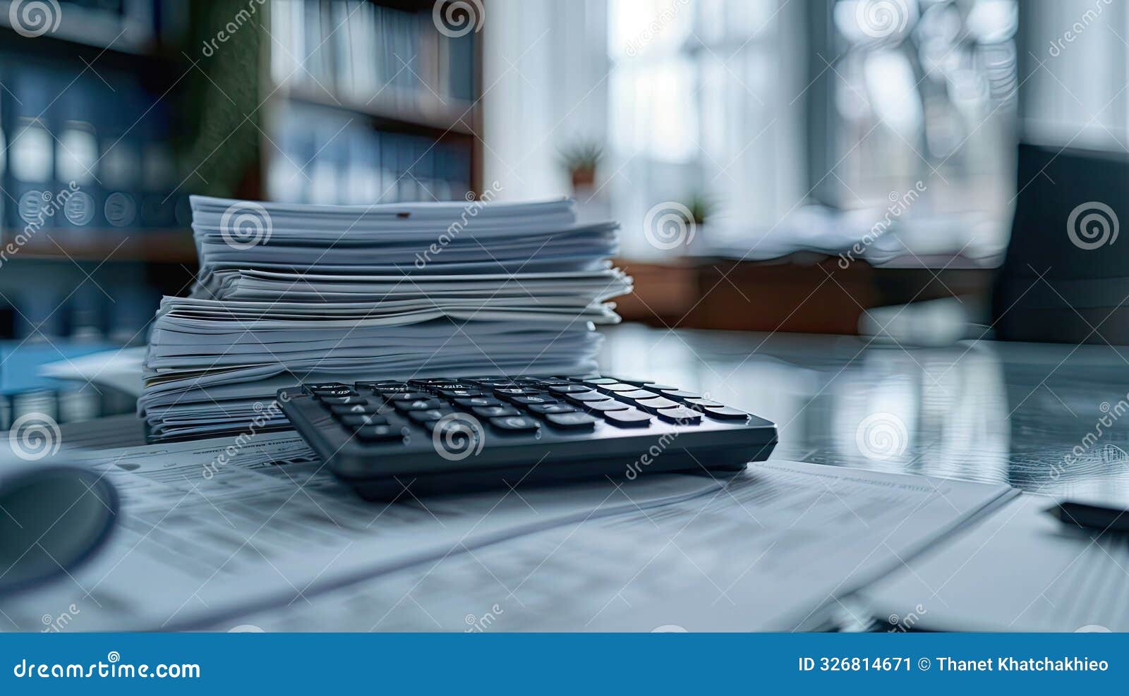 A Neatly Organized Stack of Financial Documents with a Calculator on a ...