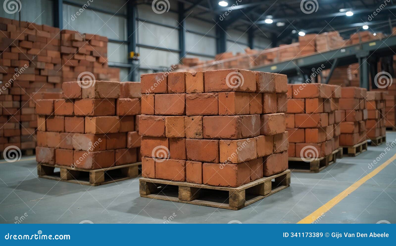 Neatly Stacked Industrial Bricks on Pallets in Warehouse with Conveyor ...