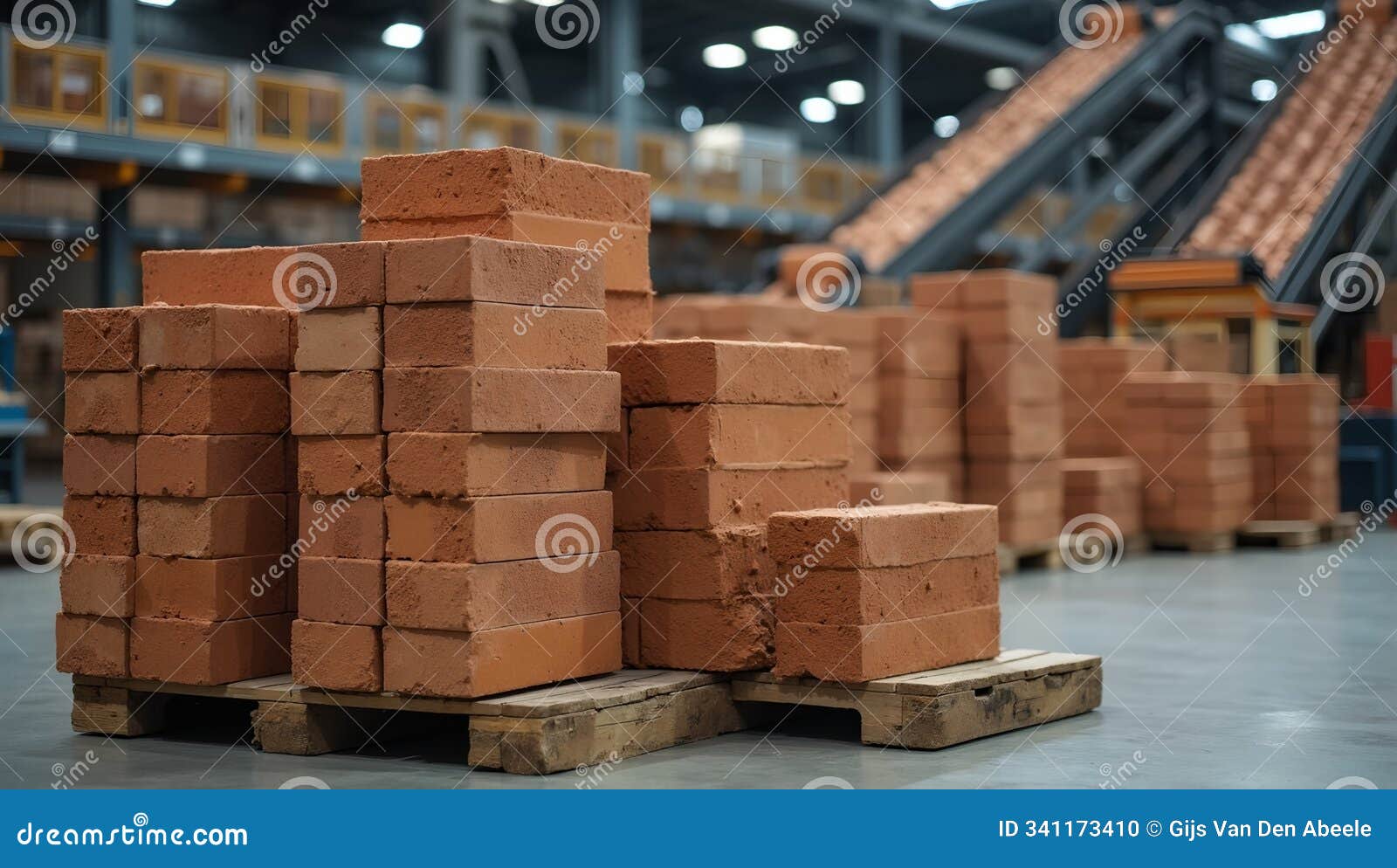 Neatly Stacked Industrial Bricks on Pallets in Warehouse with Conveyor ...