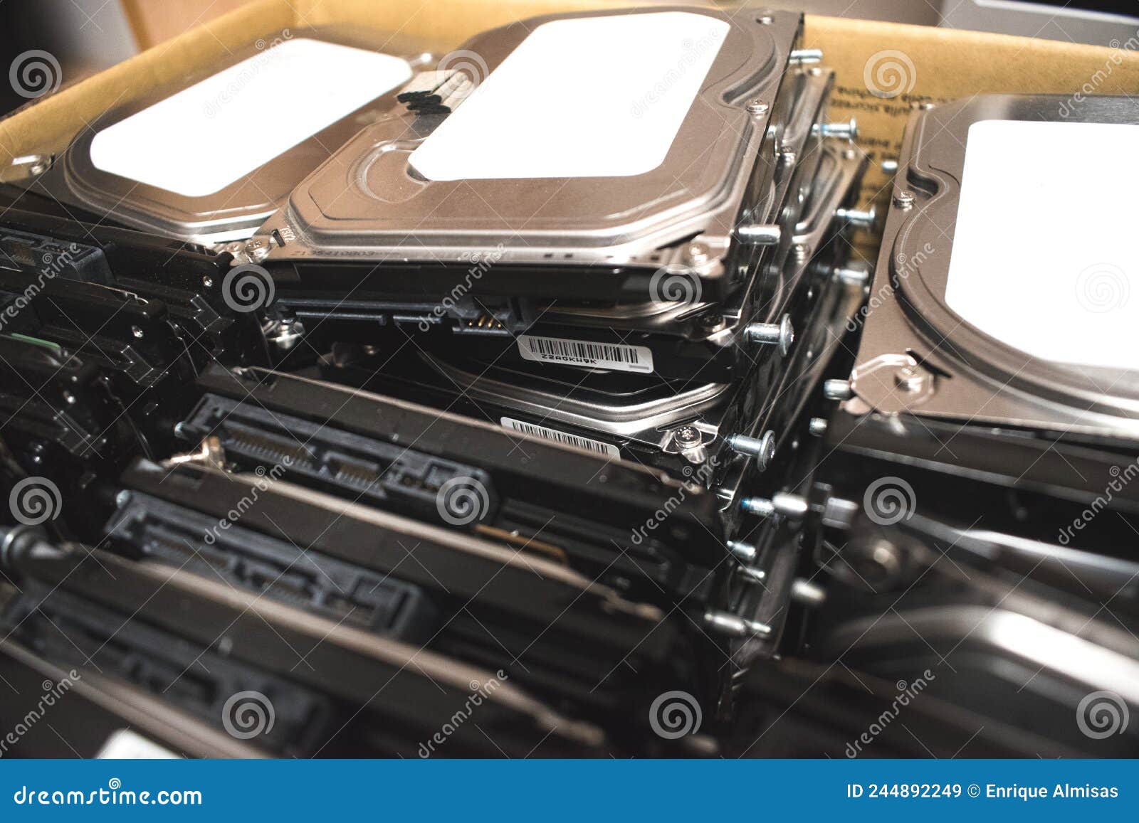 Neatly Stacked Mechanical Hard Drives Inside a Cardboard Box Stock ...
