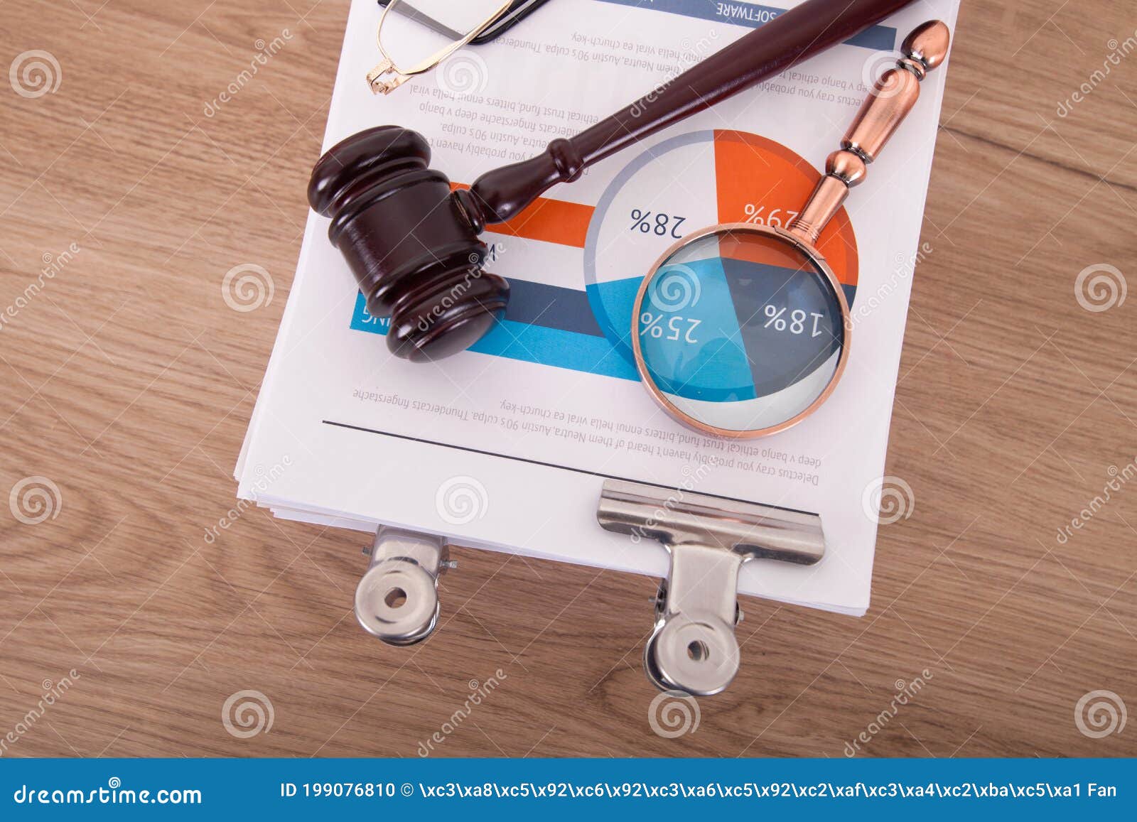 Neatly Stacked Stack of Business Documents, Magnifying Glass and Hammer ...