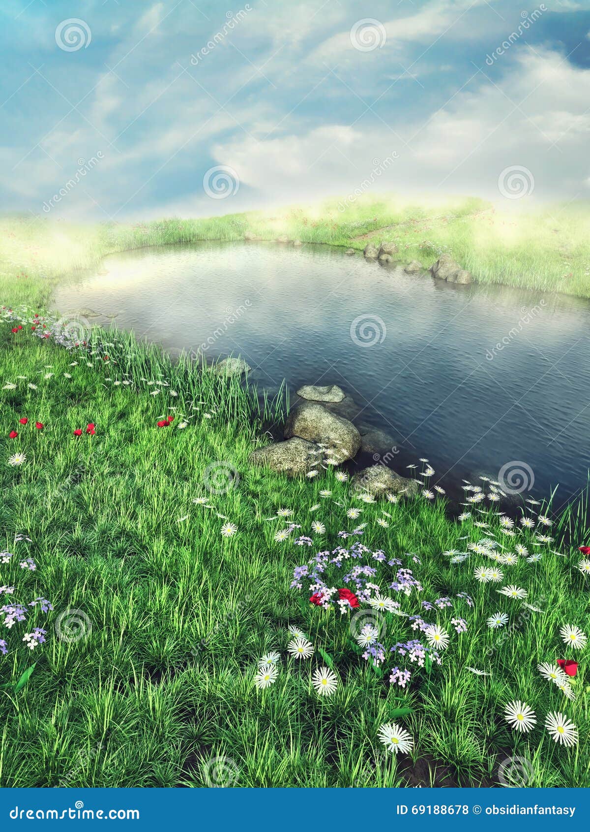 Nebeliger See mit Blumen stock abbildung. Illustration von wiese - 69188678