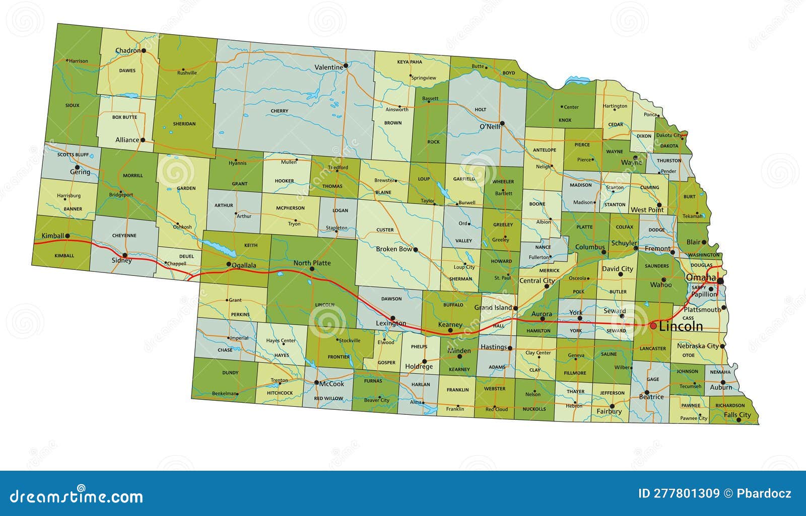 Nebraska Map. Political Map Of Nebraska With Boundaries In White Color ...