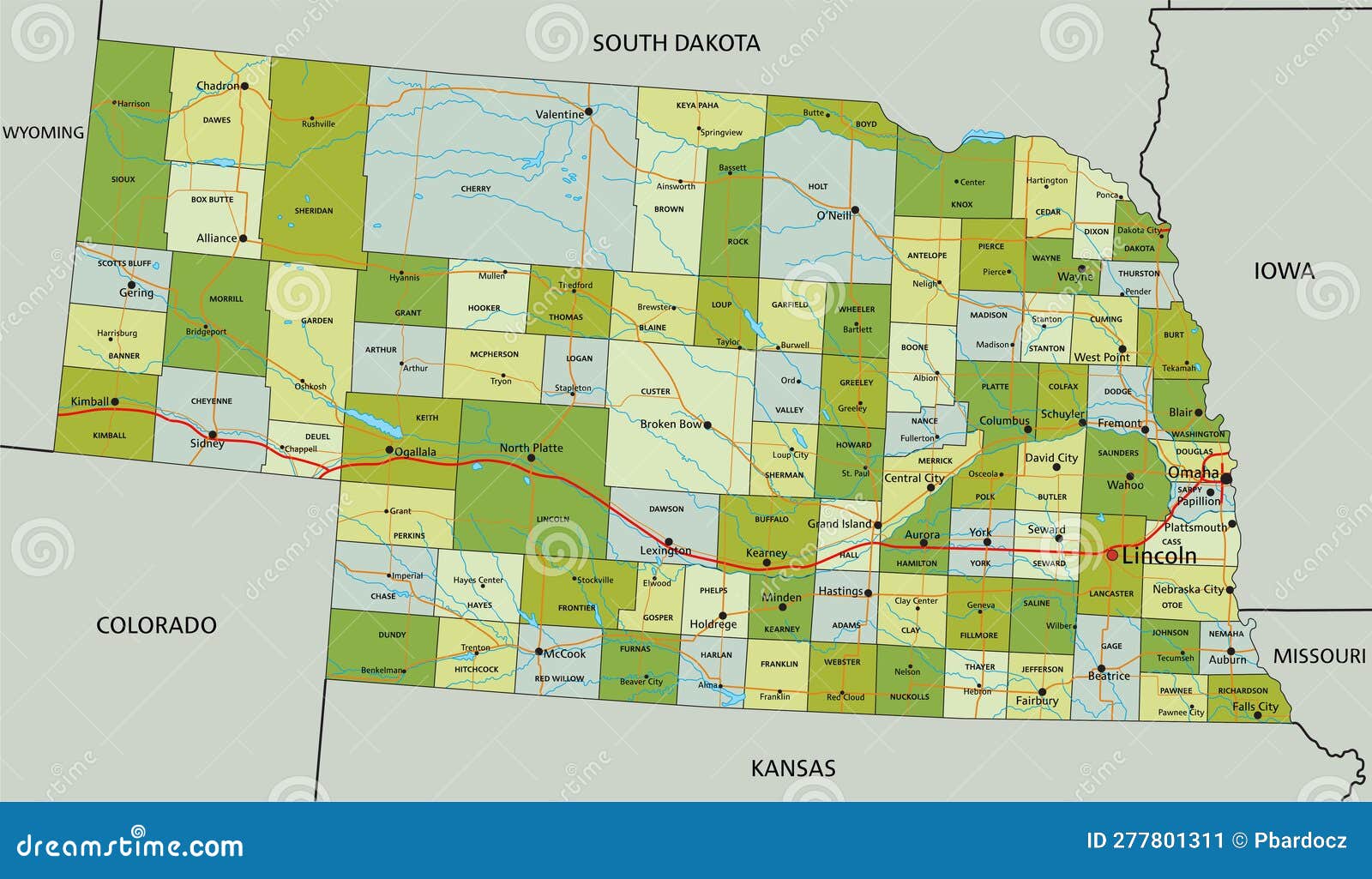Nebraska Map. Political Map Of Nebraska With Boundaries In White Color ...