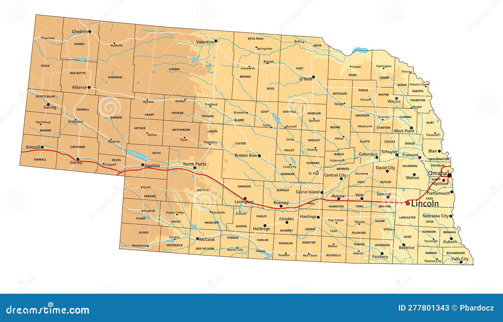 Detailed Nebraska Physical Map With Labeling. Cartoon Vector ... Detailed Nebraska Physical Map With Labeling. Cartoon Vector ...