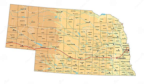 Detailed Nebraska Physical Map with Labeling. Stock Vector ...