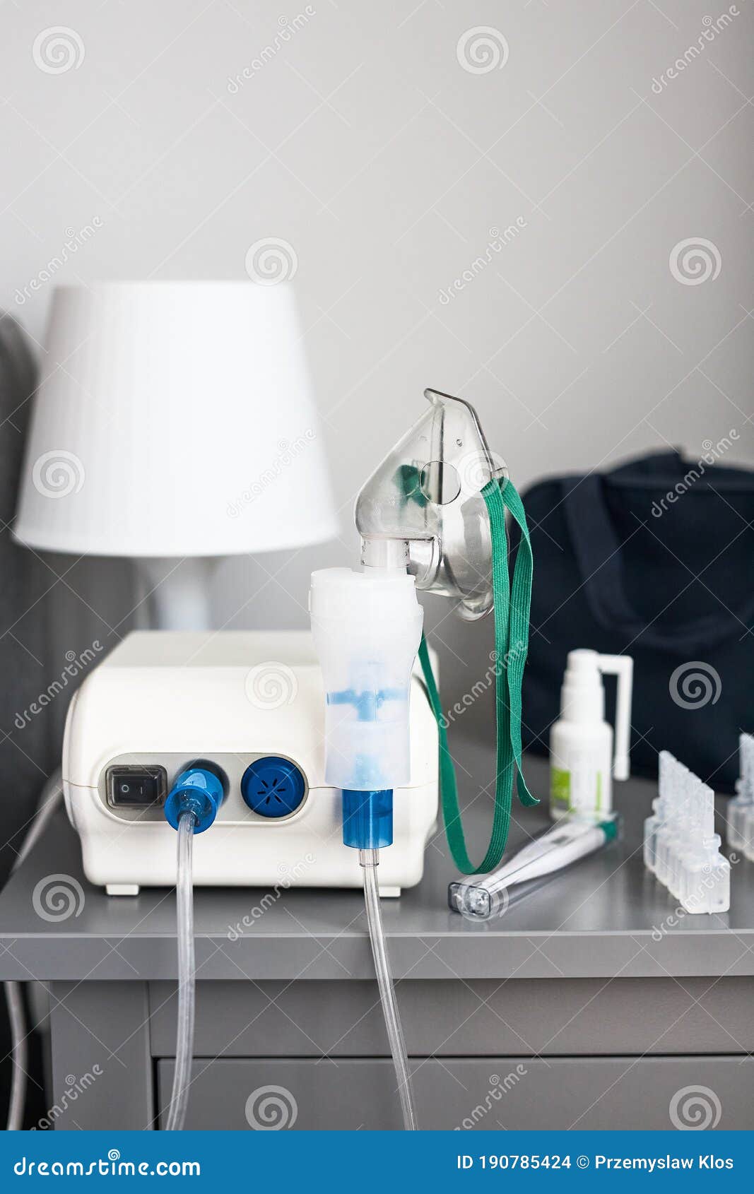 Nebuliser with Breathing Mask and Medicines on Bedside Table Stock ...