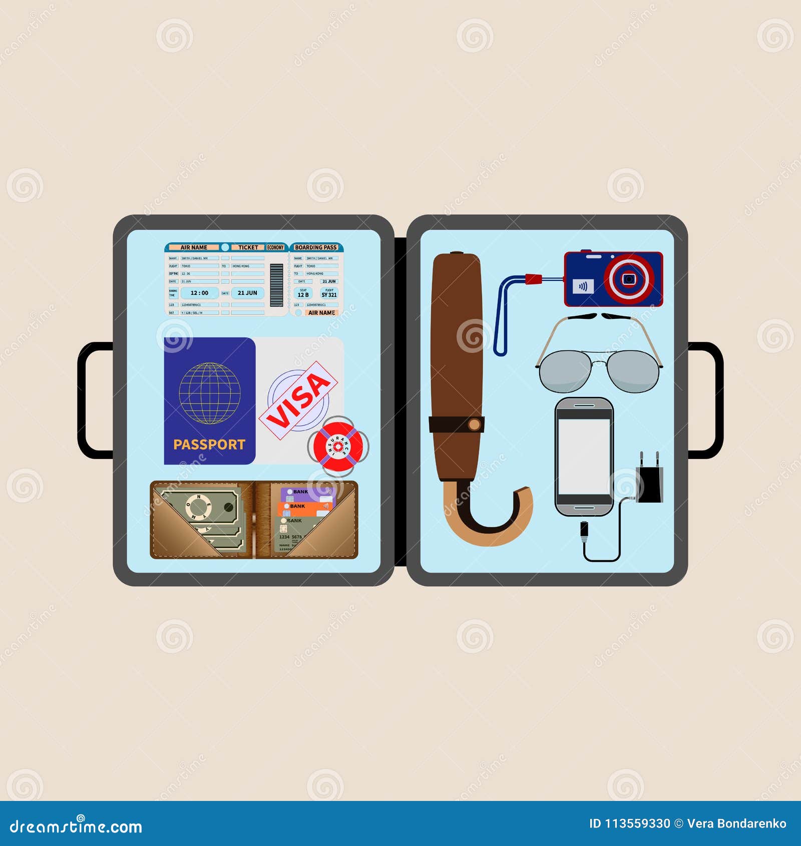 Necessary Things for Travel in an Open Briefcase on a Light Background ...