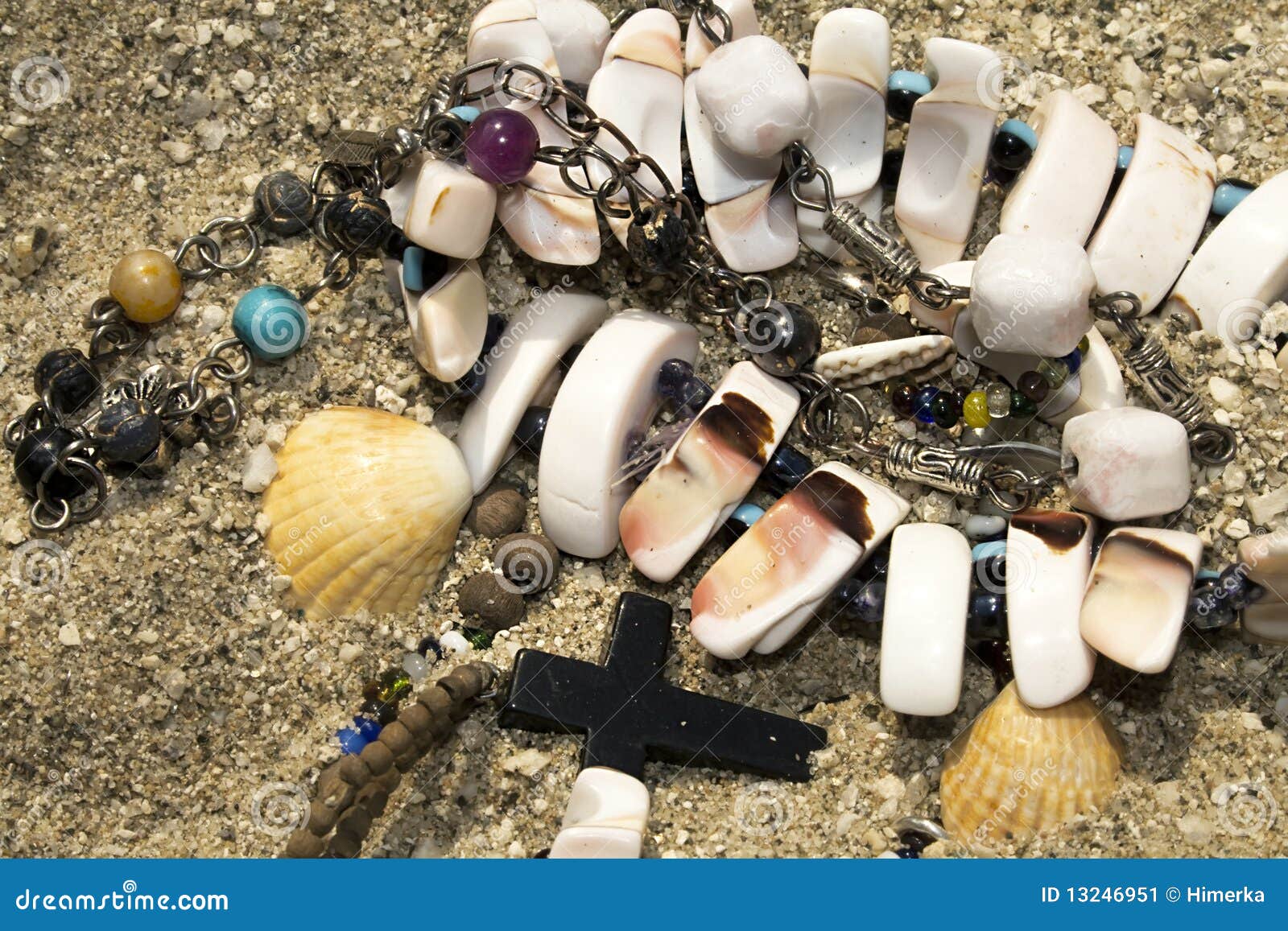Necklace, Shell, Beads and Cross on the Sand Stock Image - Image of ...