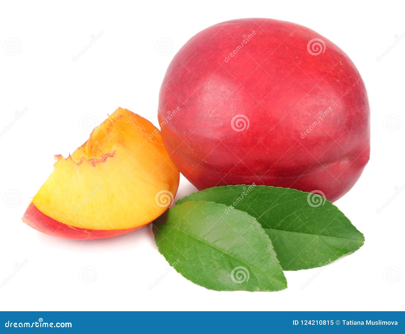 Nectarine with Green Leaf and Slices Isolated on White Background ...