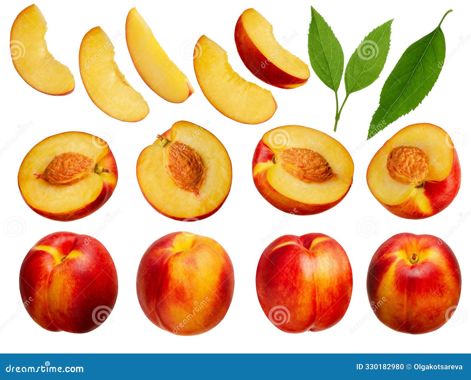 Nectarine or Peach Whole, Half and Slices Set with Leaves Isolated on ...