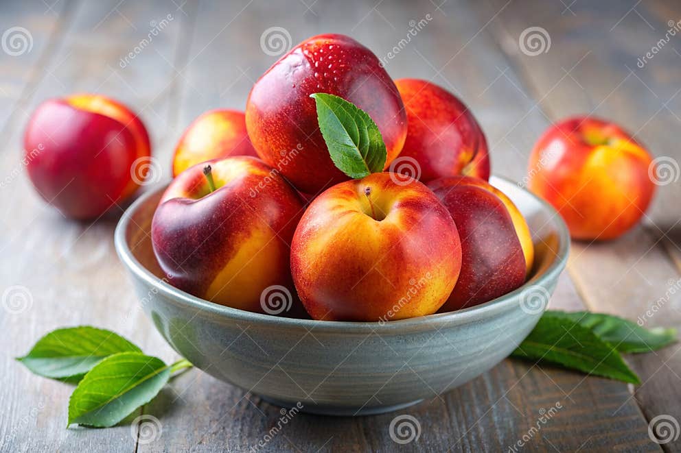 Nectarines in a Bowl on a Light Background, Close Up Stock Illustration - Illustration of light ...