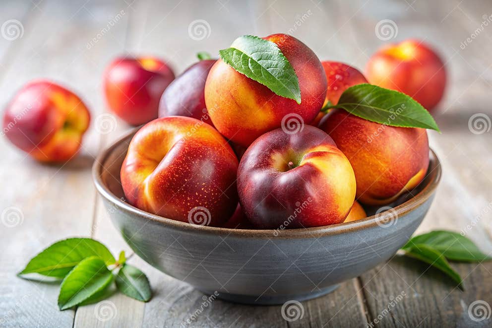 Nectarines in a Bowl on a Light Background, Close Up Stock Illustration - Illustration of fruit ...