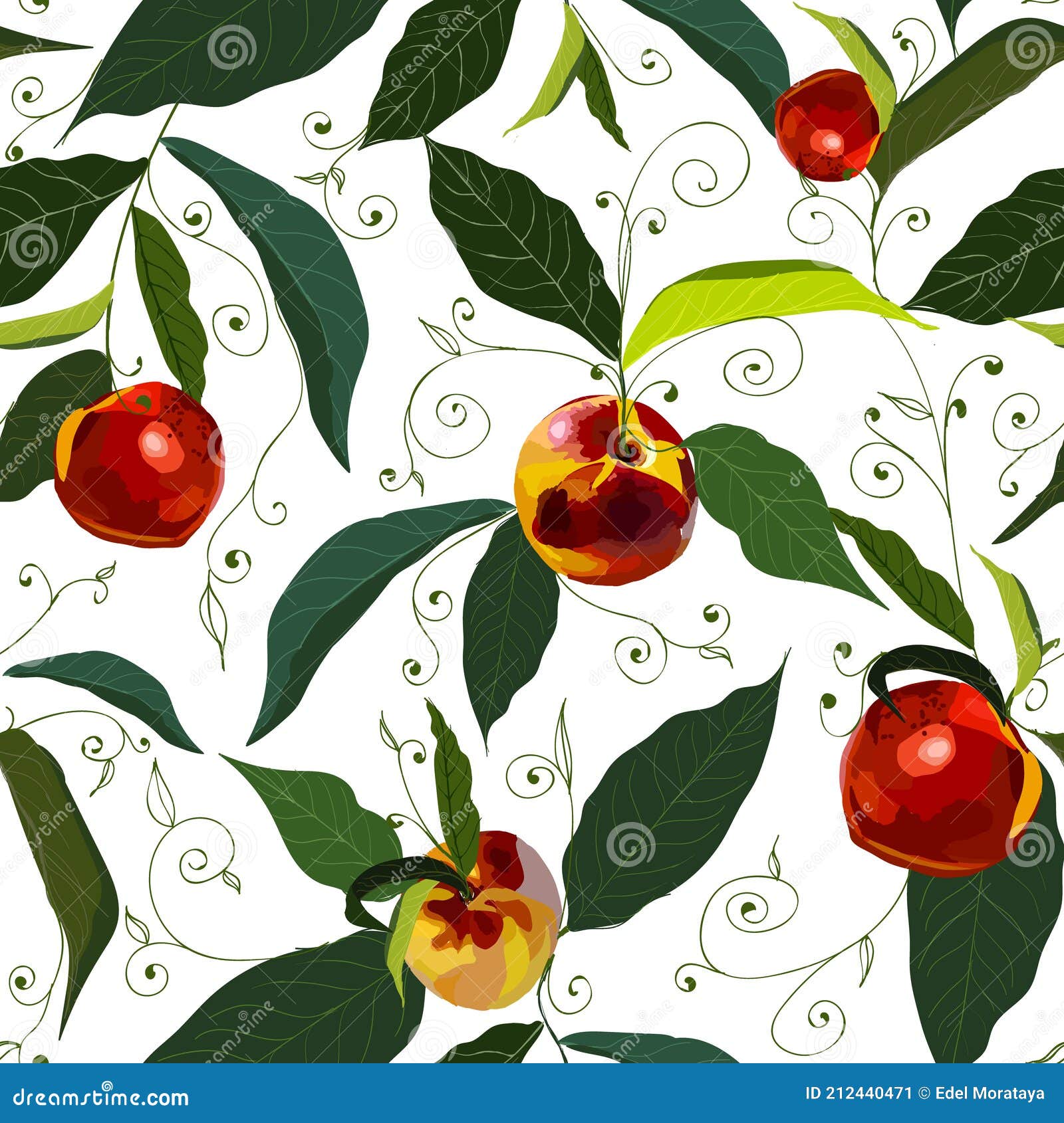 Nectarines with Leaves and Ornate Decorations Seamless Pattern Vector ...