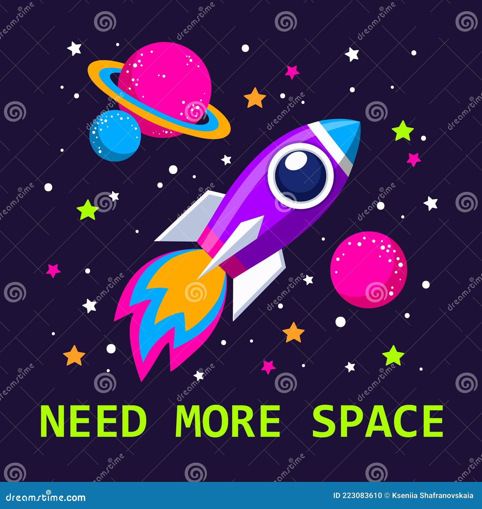 Need More Space, Poster, Space Card Design with Rocket, Planets and ...