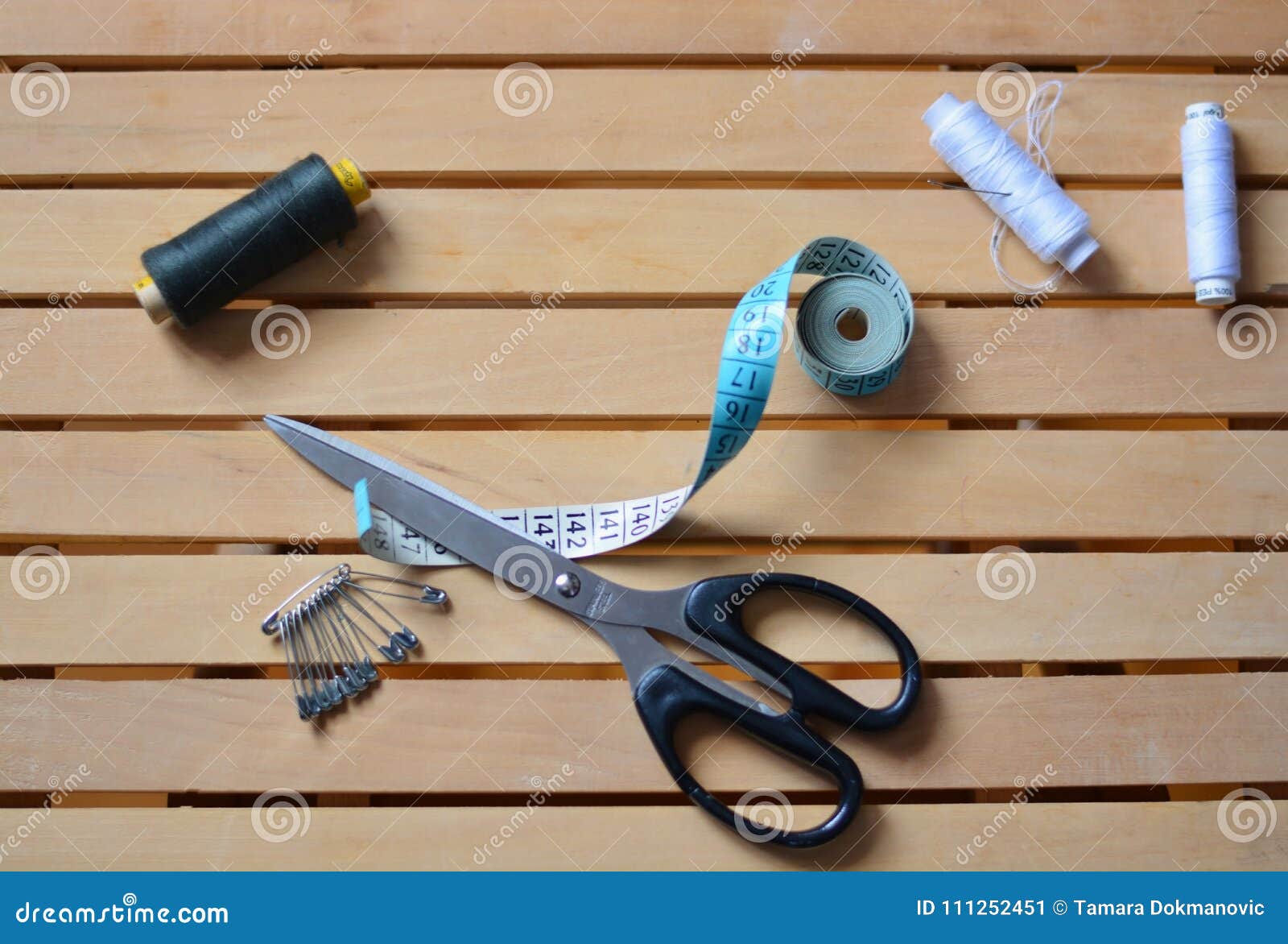 Needle, Meter, Scissors, Thread and Safety Pin Stock Image - Image of ...