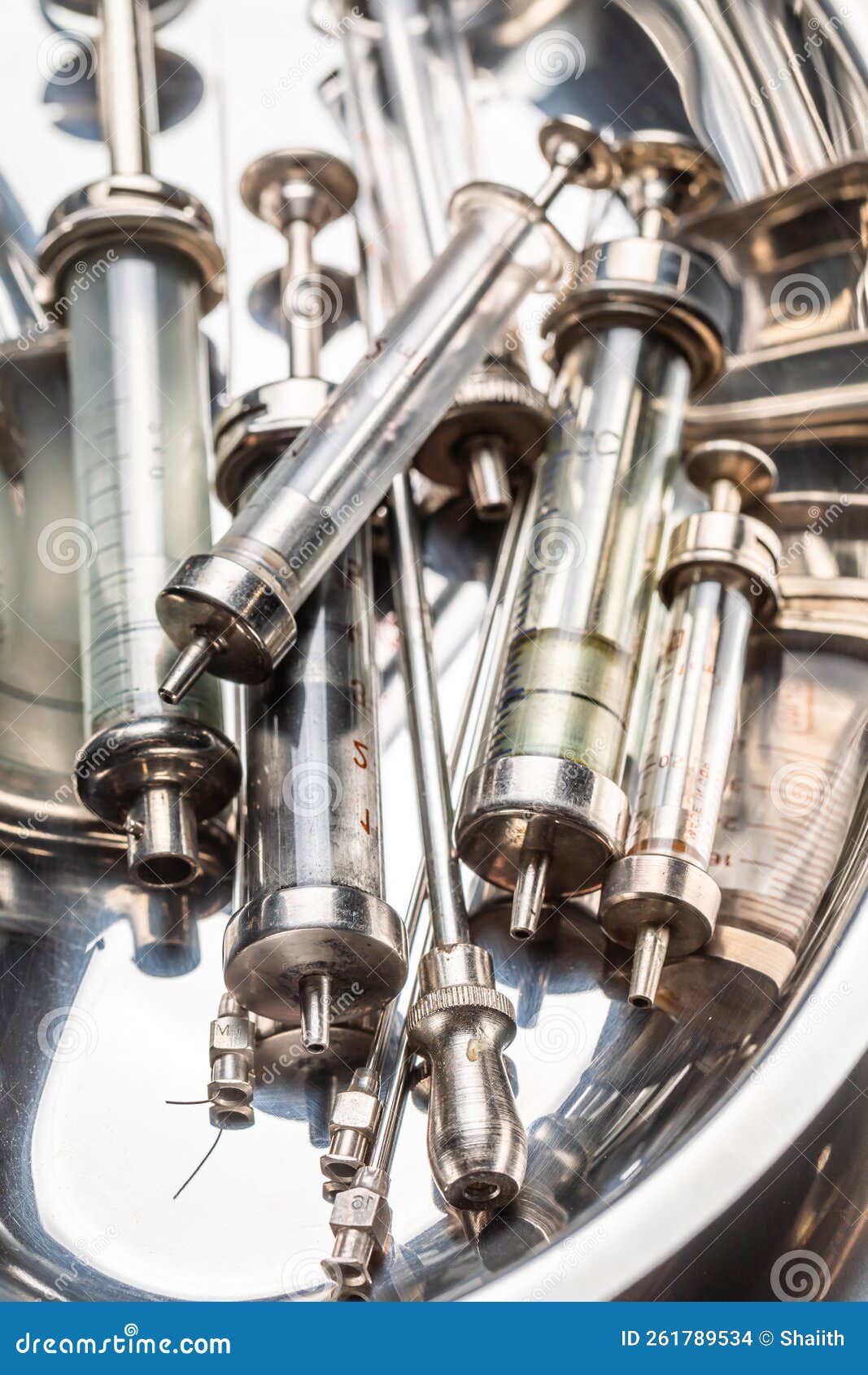 Needle and Syringes in a Stainless Steel Container Stock Photo - Image ...
