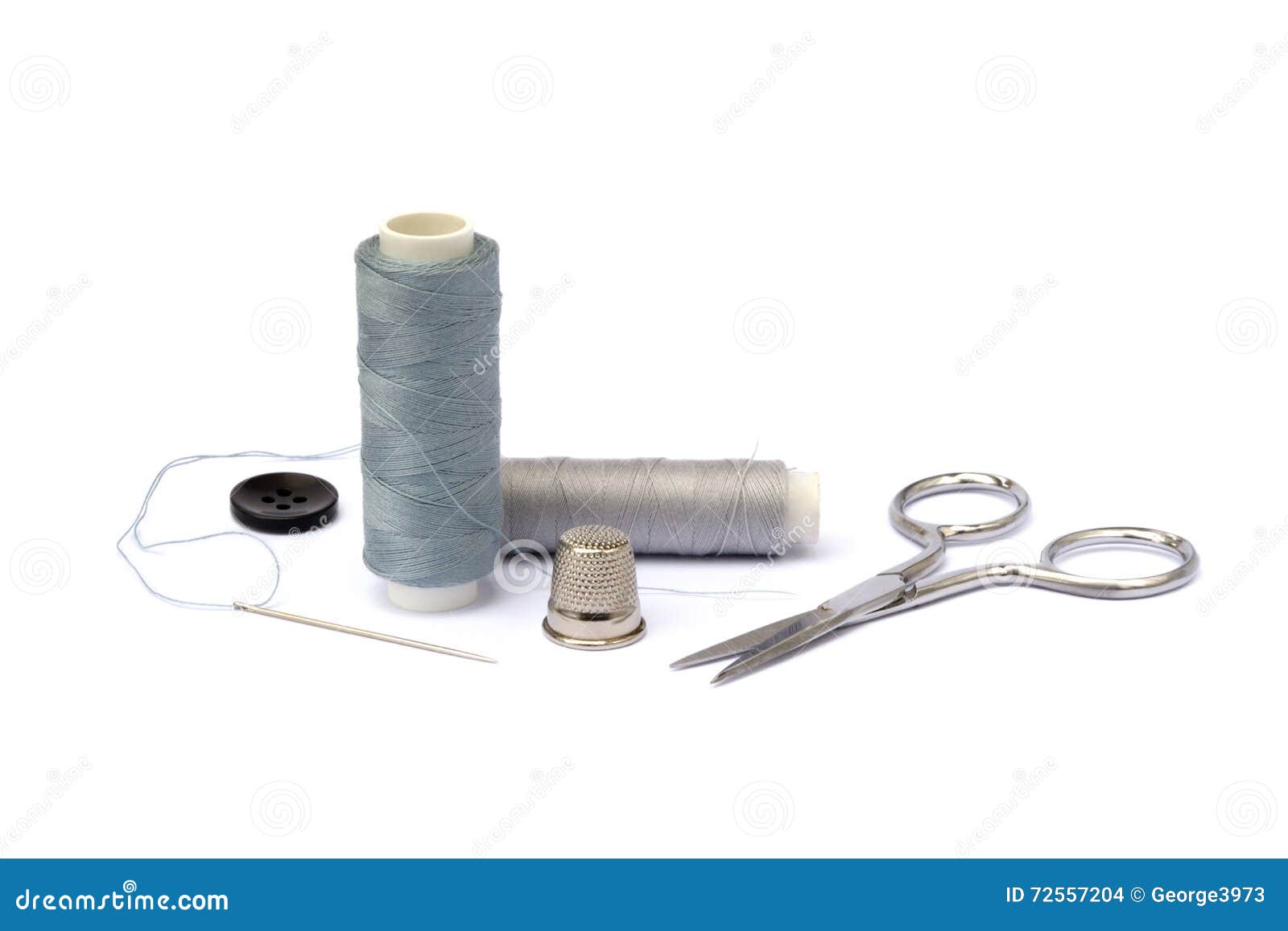 Needle, Thimble, Scissors, Thread and Knob Stock Photo - Image of ...