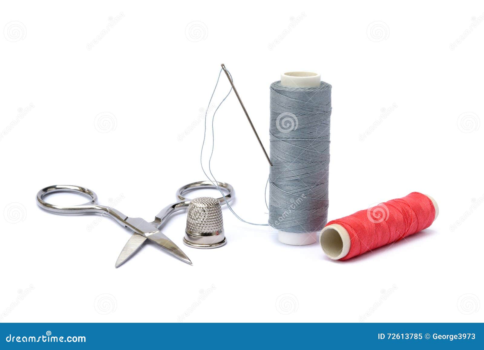 Needle, Thimble, Scissors, Thread and Knob Stock Image - Image of claw ...