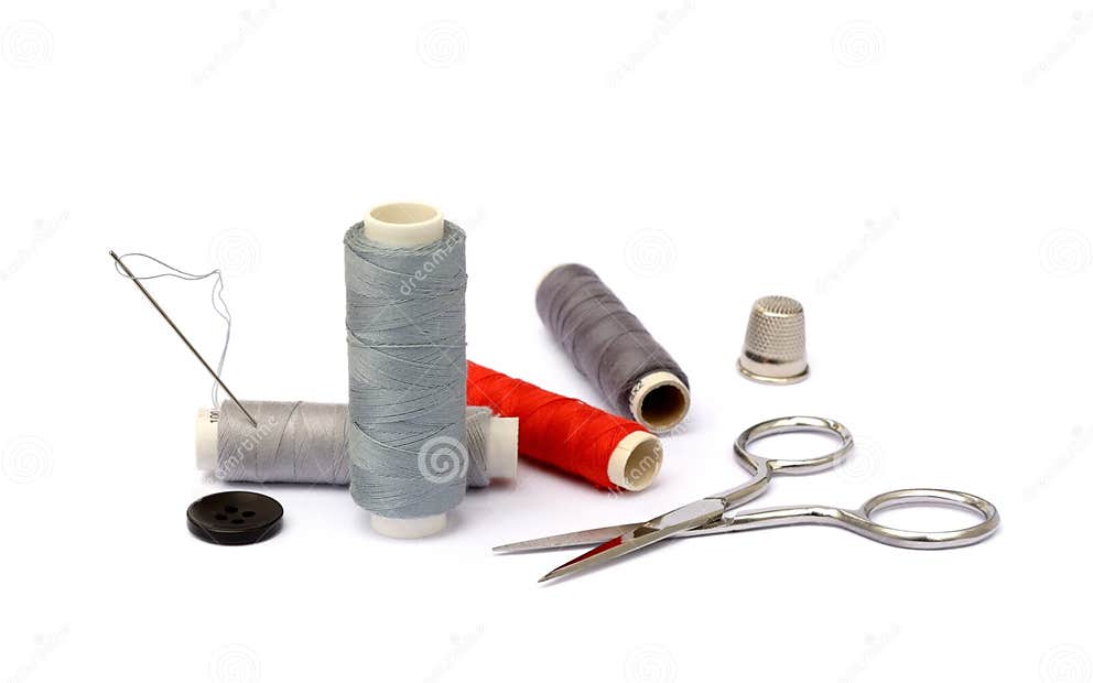 Needle, Thimble, Scissors, Thread and Knob Stock Photo - Image of ...