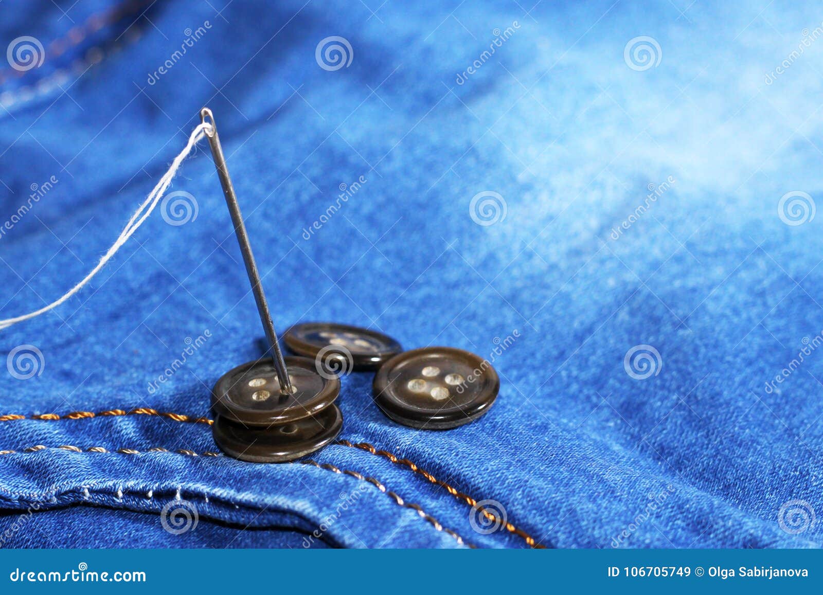 Needle with Thread and Buttons, Jeans Stock Image - Image of leisure ...