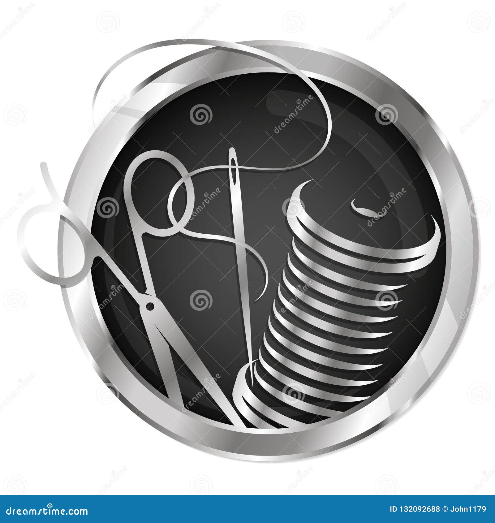 Needle with Thread and Scissors in a Silver Circle Stock Illustration ...