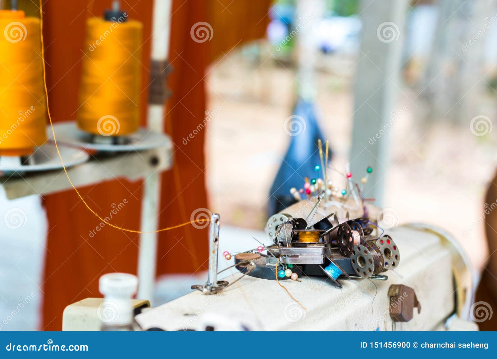Needle, Thread and Thimble on Sewing Machine Stock Photo - Image of ...