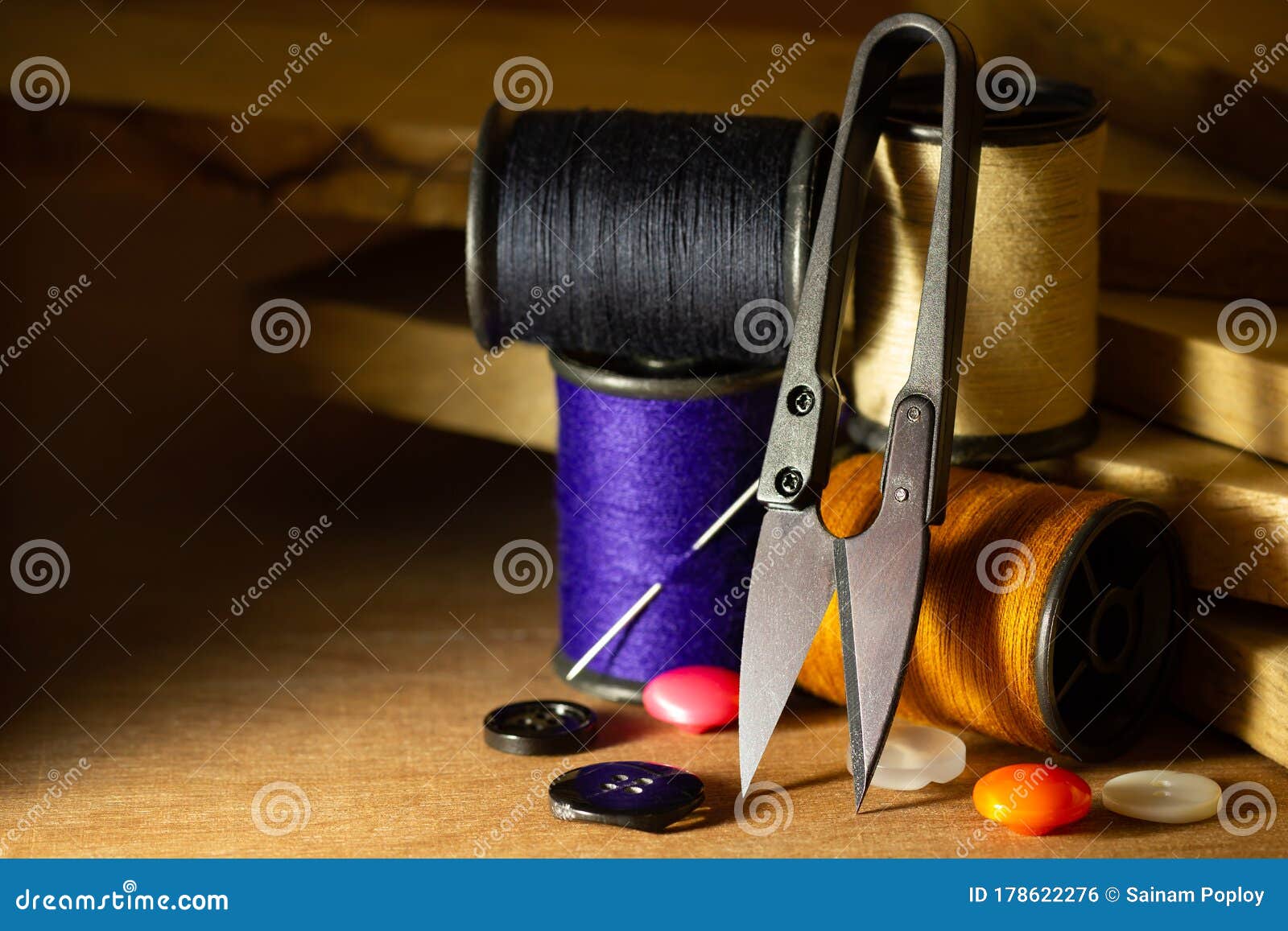 Needle and Threads Against Plastic Button and Thread Cutting Scissors ...