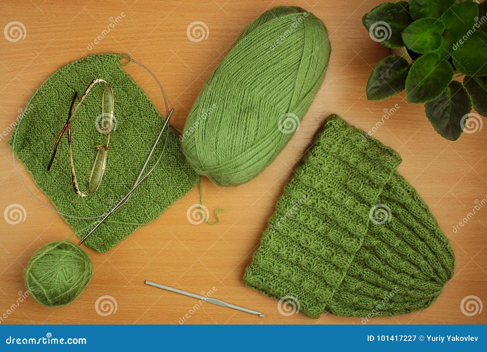 Needlework, Knitting Needles and Crochet, Hat of Light Green Thread ...