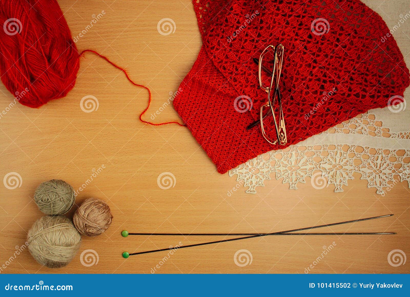 Needlework, Knitting Needles and Crochet, Jacket of Terracotta Thread ...