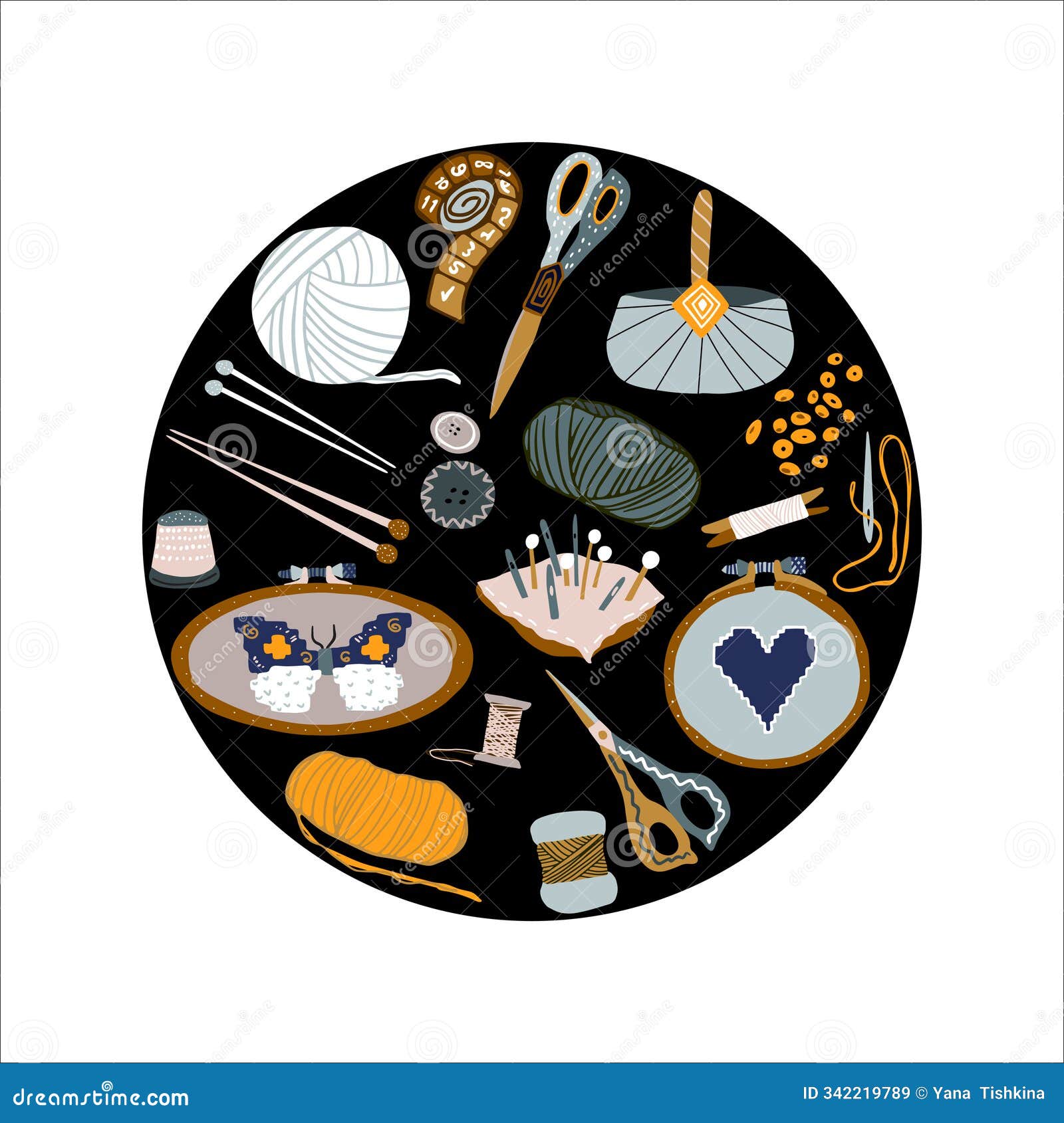 Needlework Round Compose Black Background Vector Stock Vector ...