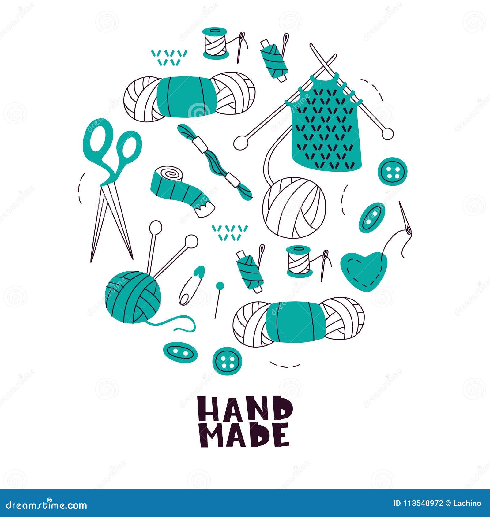 Needlework Tools Hand Drawn Vector Symbols. Set of Handmade Elements ...