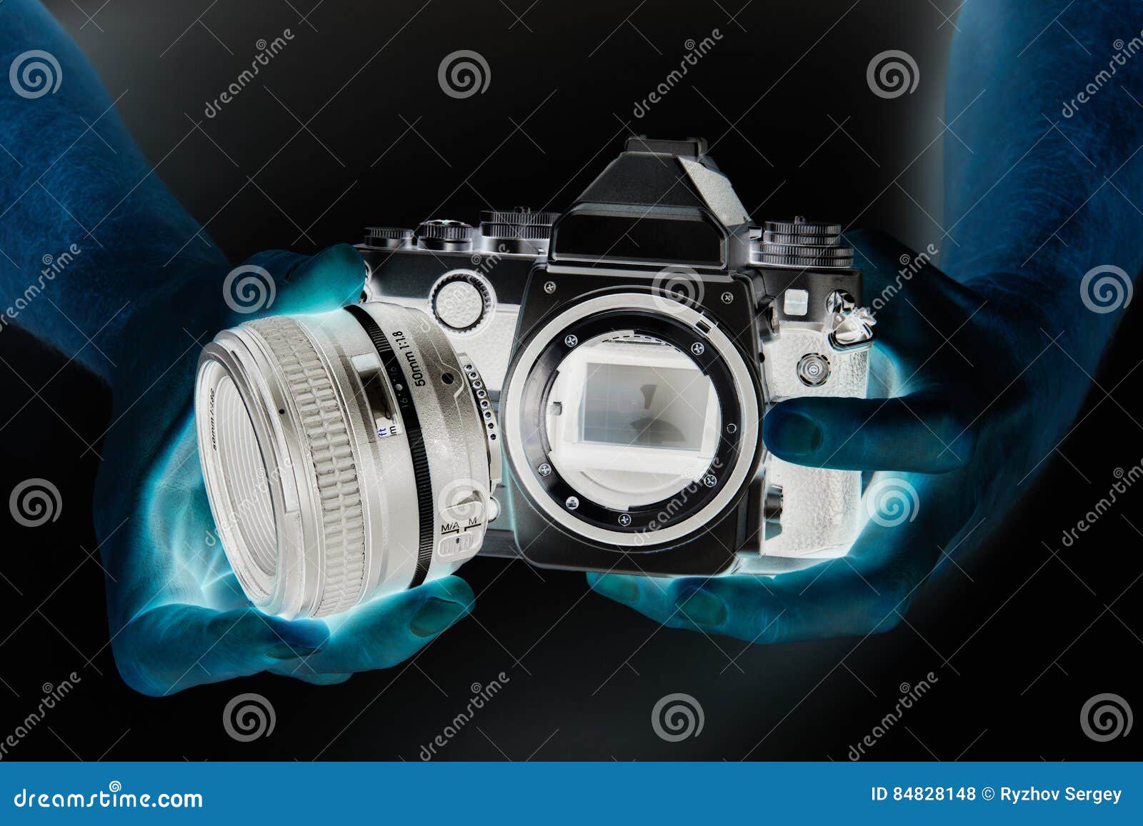 Negative Photo of SLR Camera in Hands Photographer Closeup Stock Photo ...