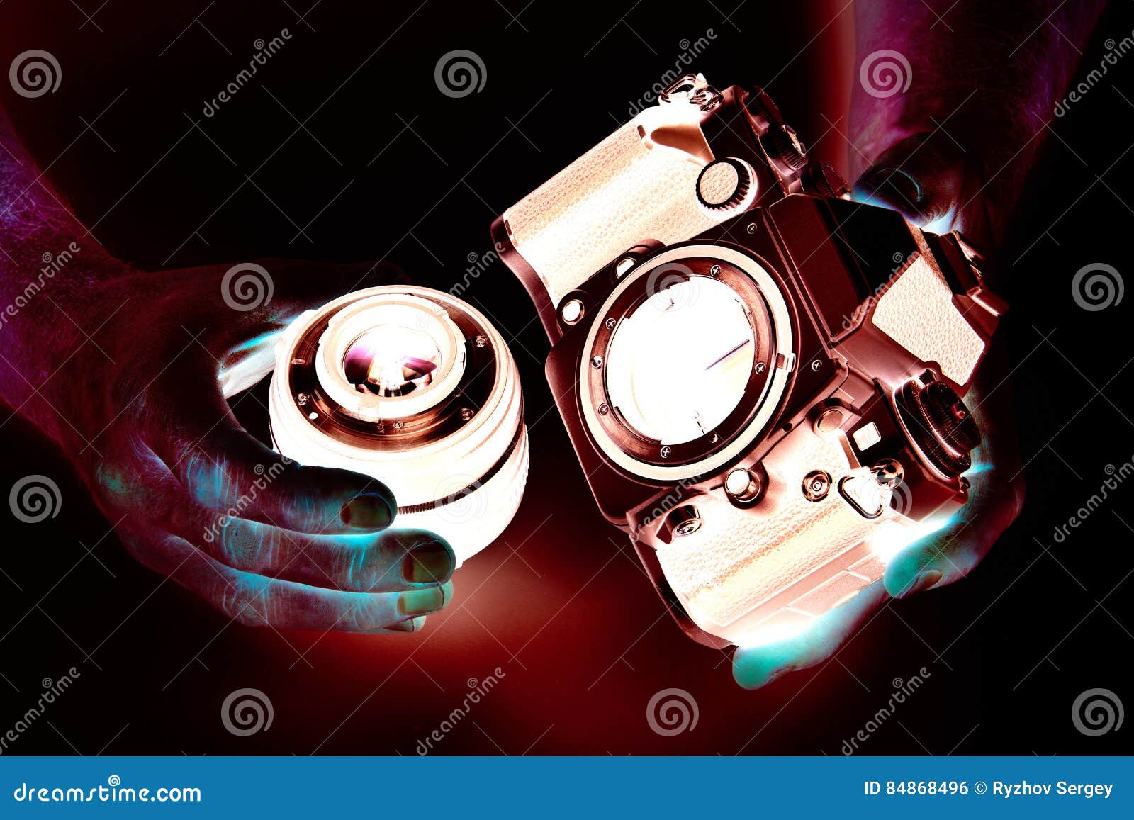 Negative Photo of SLR Camera in Hands Photographer Closeup Stock Photo ...