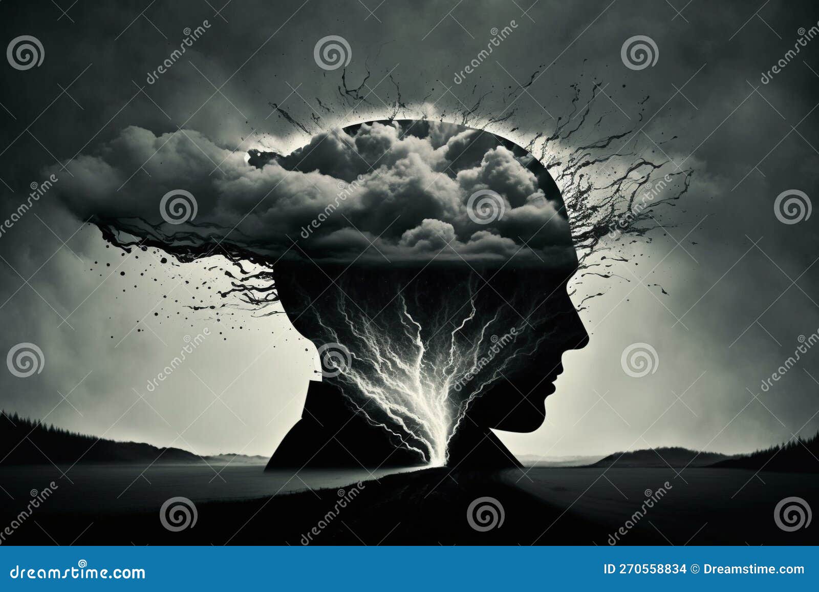 Negative Thinking Concept with Head in Storm Clouds and Lighting ...