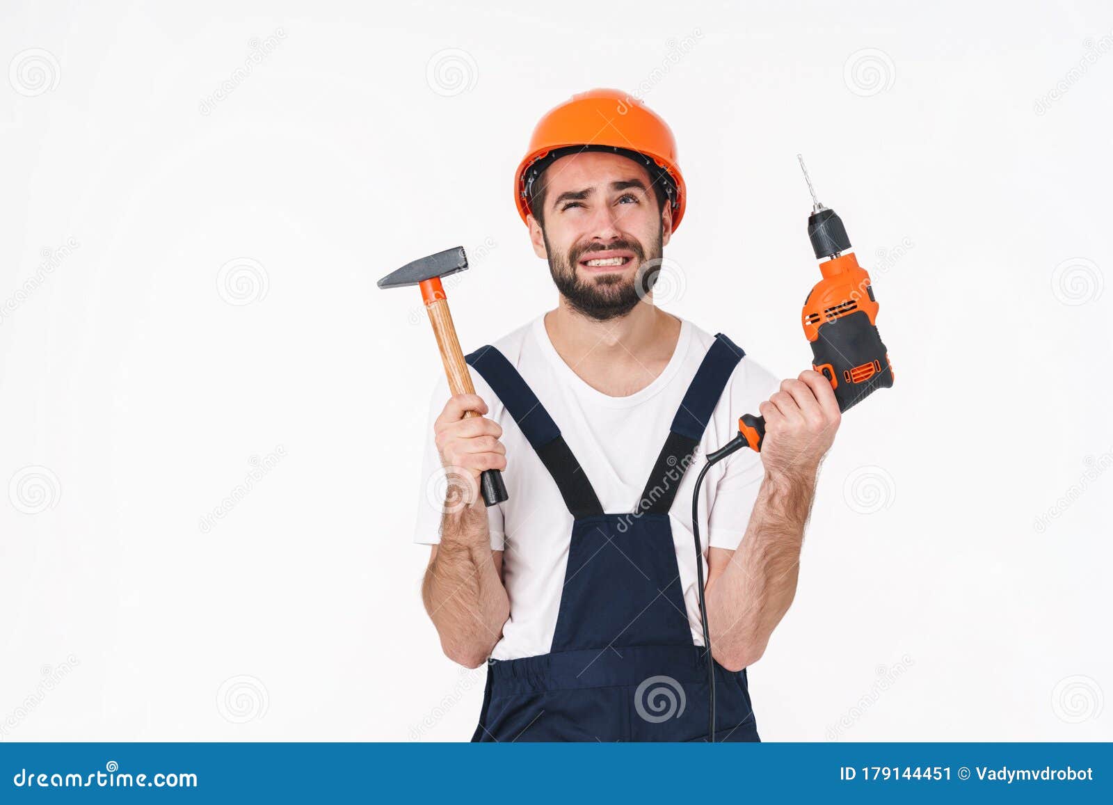 Negative Thinking Young Man Holding Drill and Hammer Stock Image ...