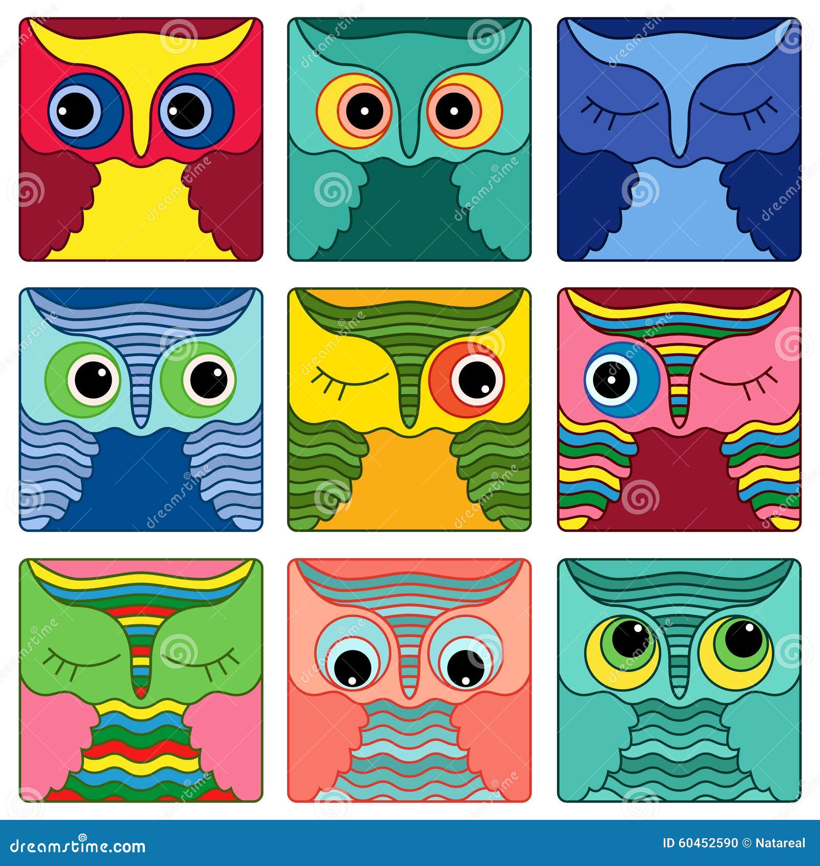 Negen Vermakelijke Uilgezichten in Vierkante Vormen Vector Illustratie ... Negen Vermakelijke Uilgezichten in Vierkante Vormen Vector Illustratie ...