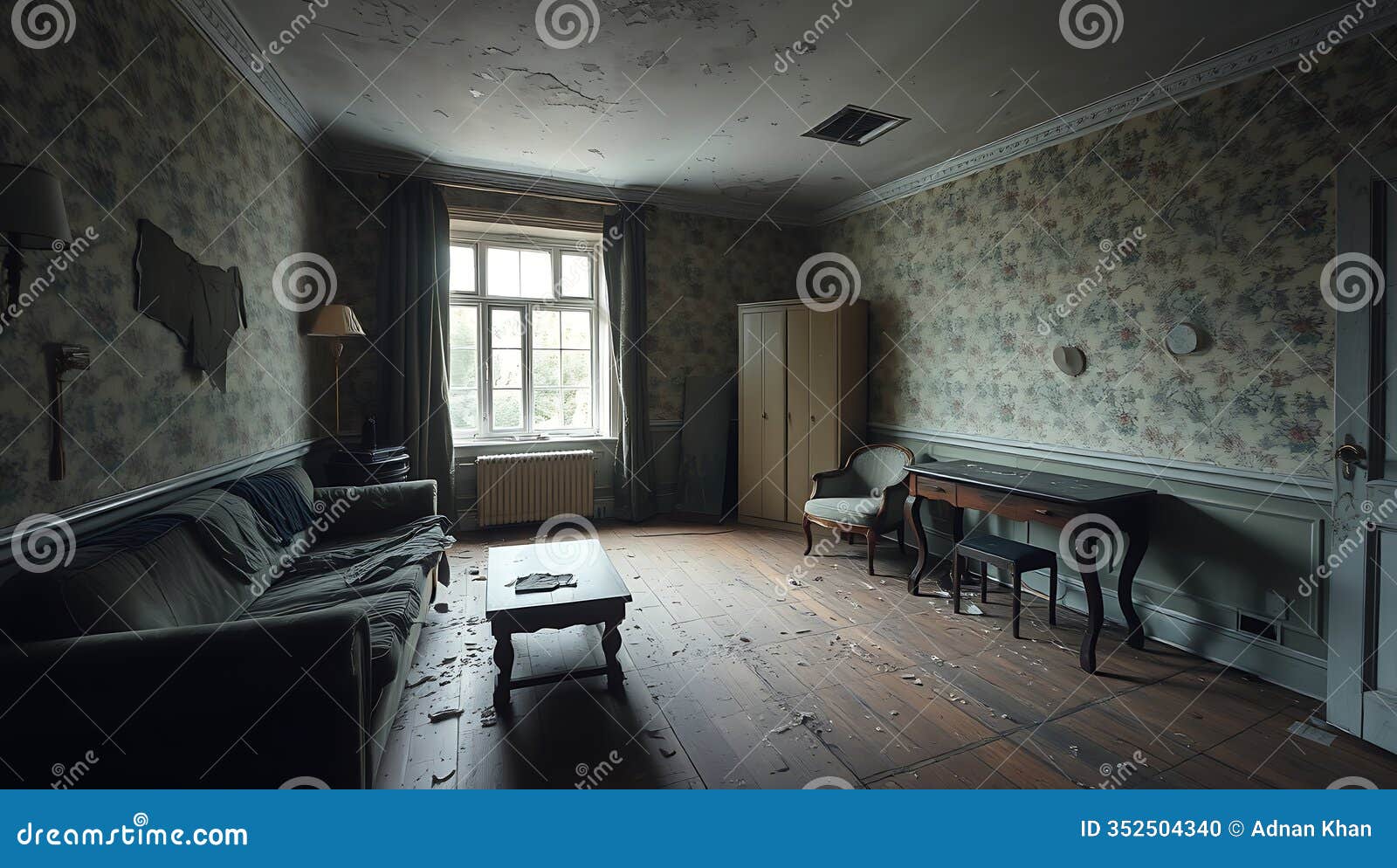 A Neglected Backroom with a Torn Sofa a Broken Table and Peeling ...