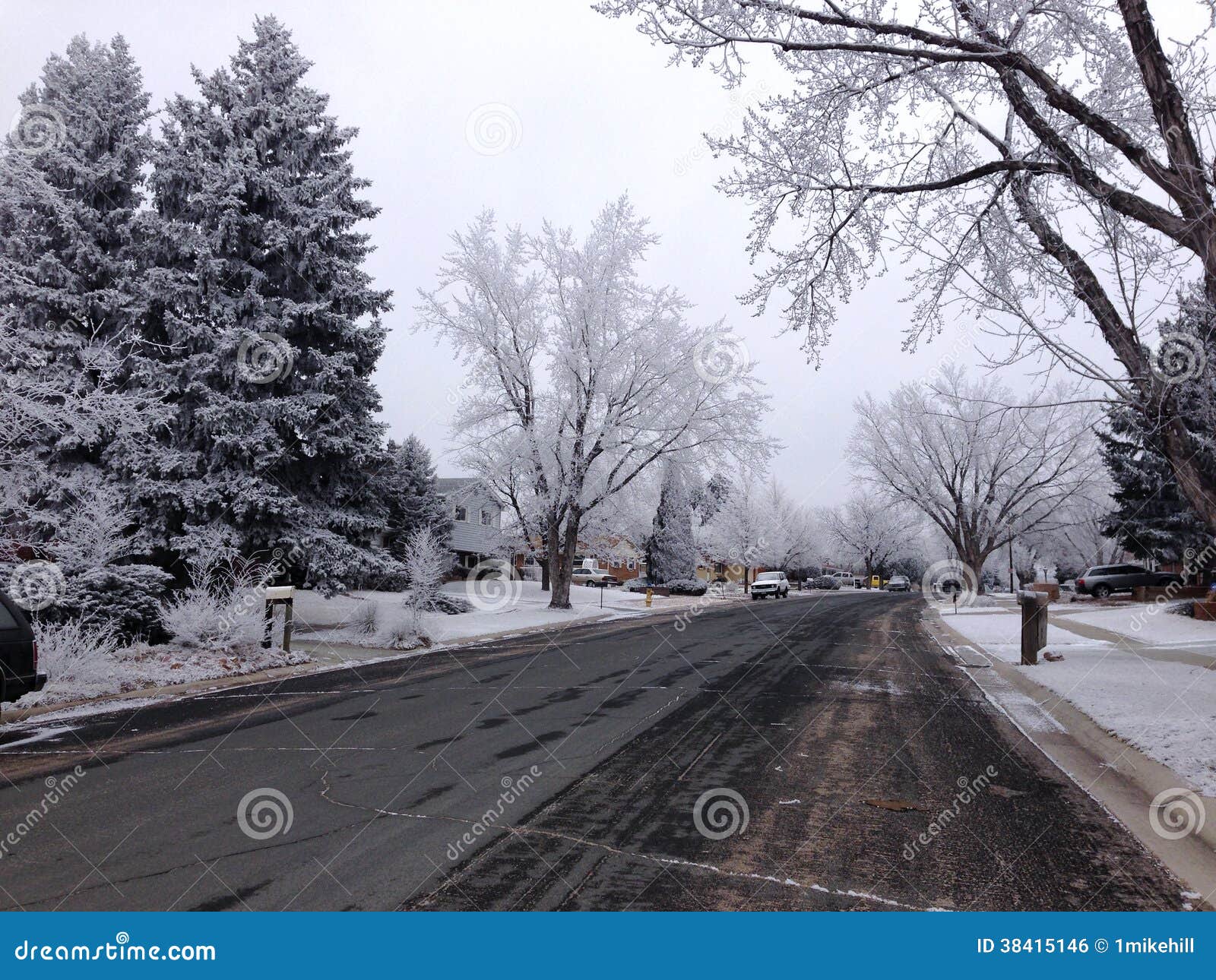 Neighborhood after Snow and Ice Storm Stock Photo - Image of clouds ...