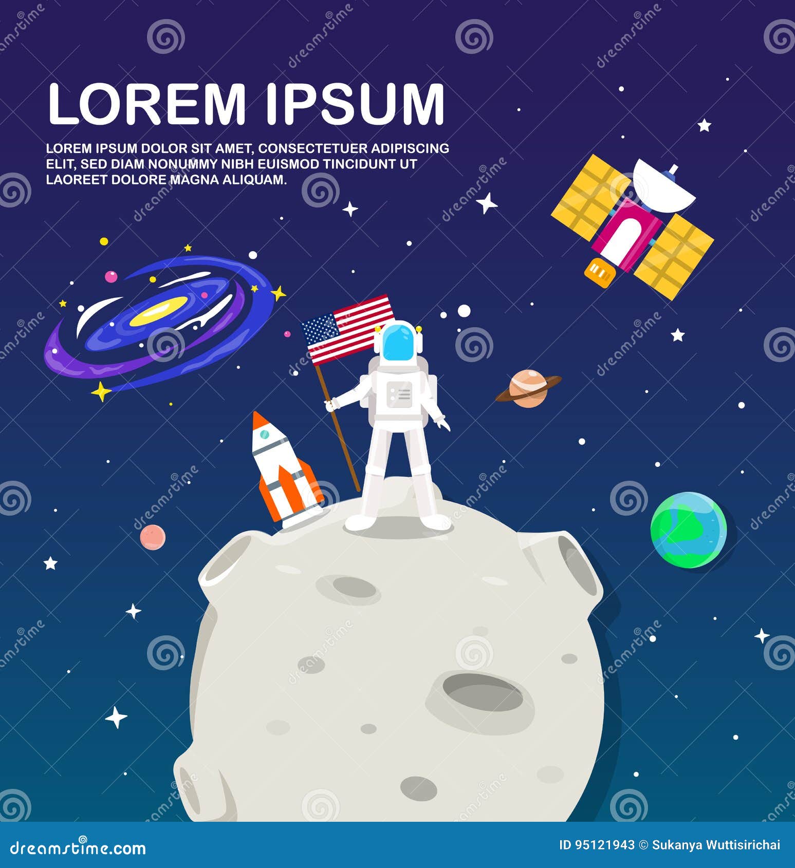 Neil Armstrong with Apollo 11 on Moon and Solar System Illustration ...