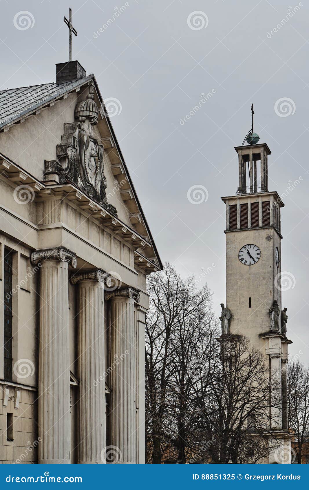 Neoclassical Columns and Campanile with Statues Stock Image - Image of ...