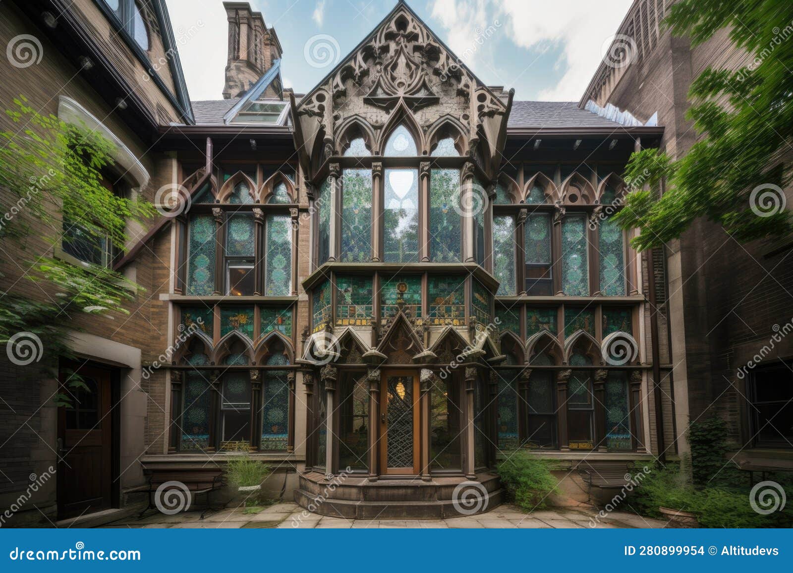 Neogothic Exterior with Intricate Woodwork and Stained Glass Windows ...