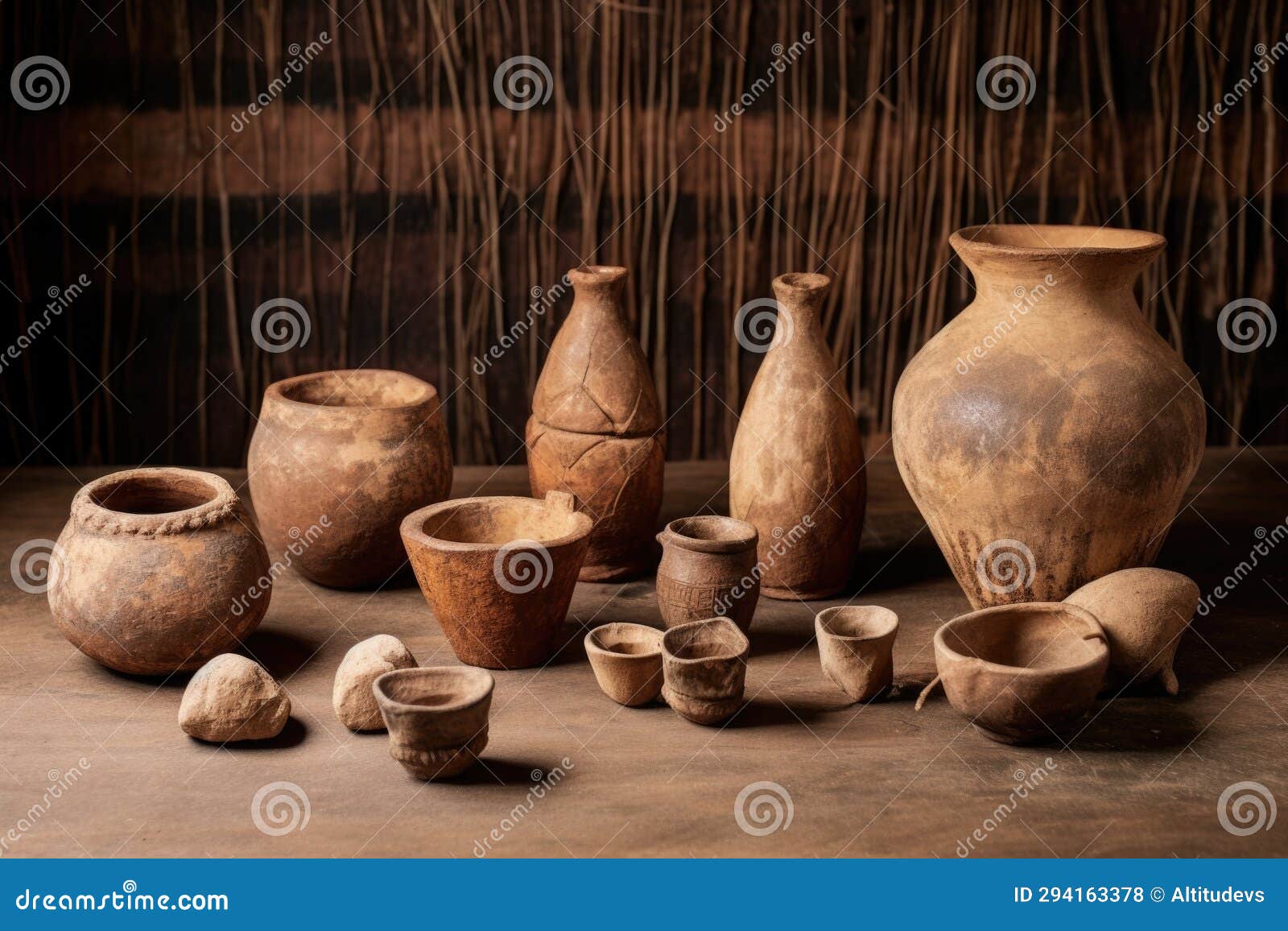 Neolithic Pottery Pieces Arranged on a Wooden Surface Stock ...