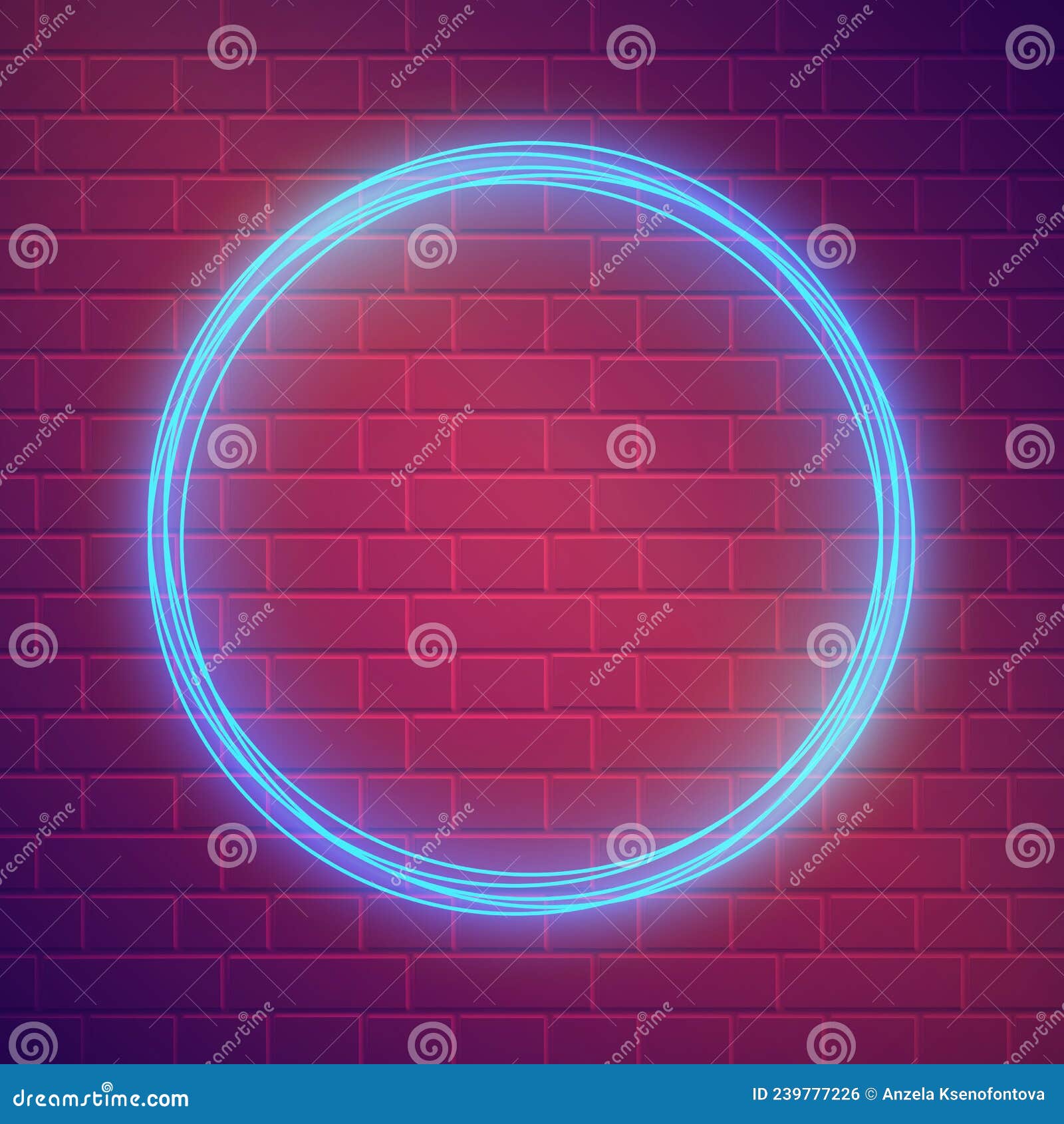 Abstract Blue Neon Round Frame on Dark Purple Brick Wall Background ...