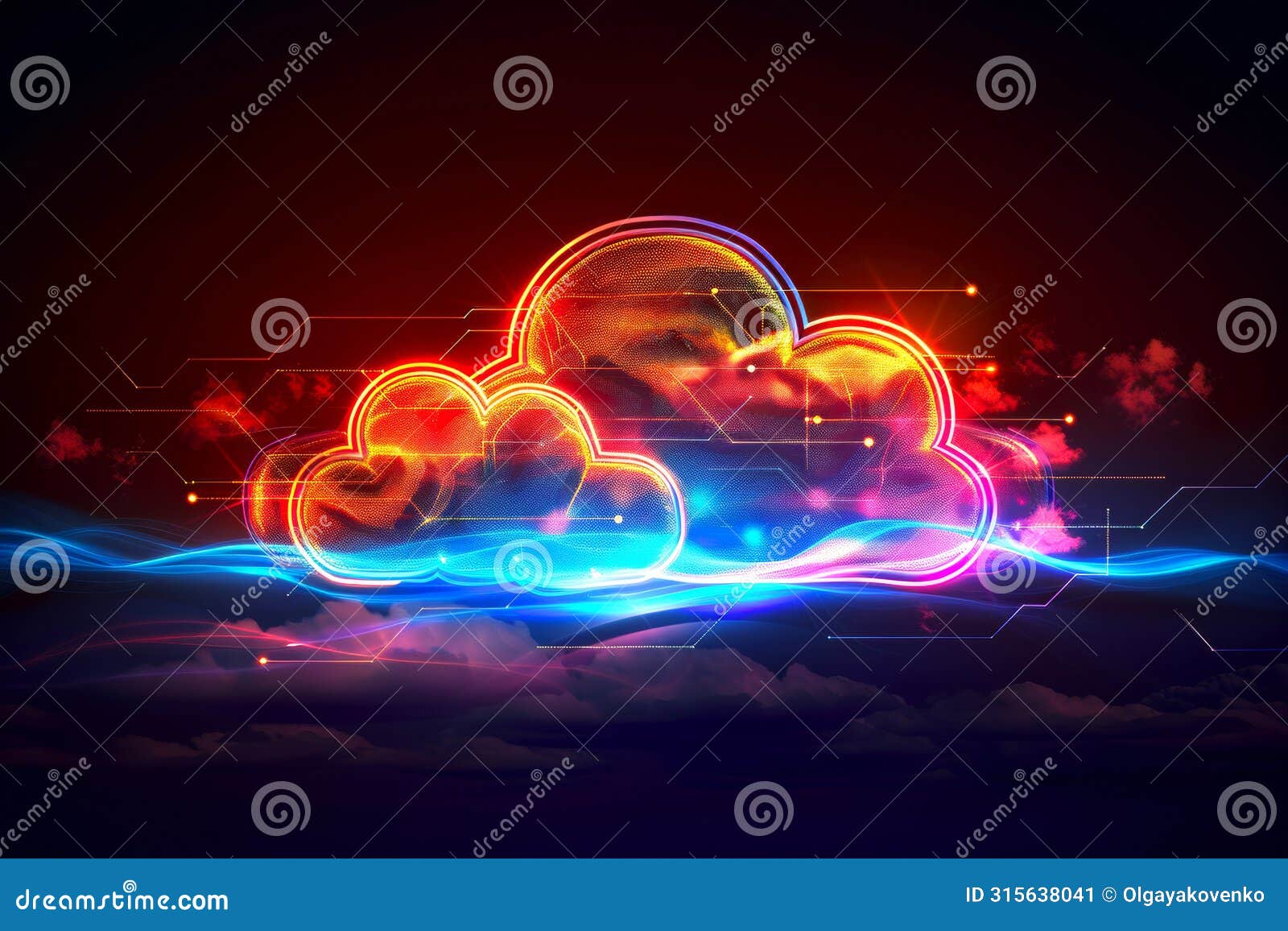 Neon Abstract Illustration of Flaming Cloud and Blue Information Wave ...