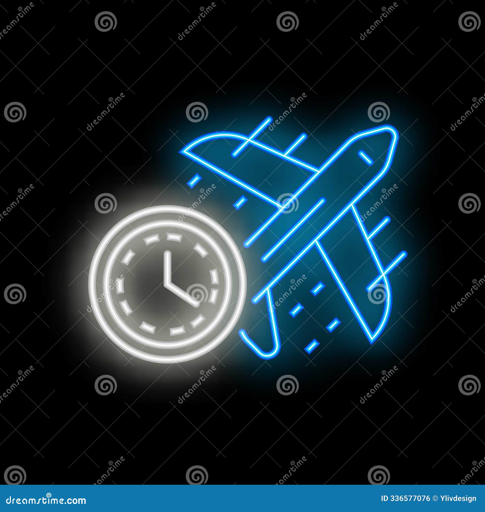 Neon Airplane Taking Off with Clock Depicting Flight Time Stock ...