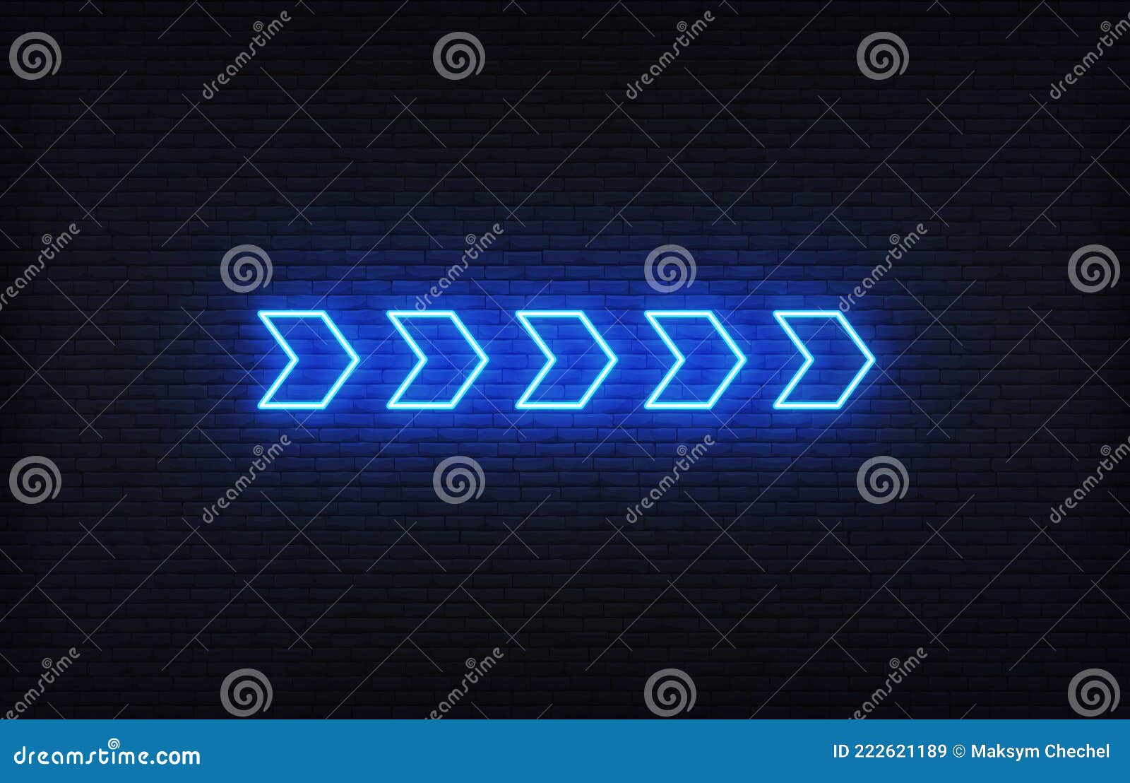Neon Arrow Sign. Set of Blue Glowing Neon Arrow Pointer on Brick Wall ...
